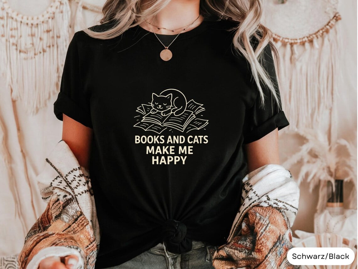 Books And Cats Make Me Happy Cute Cat Reading Literary Bookworm Tee ...