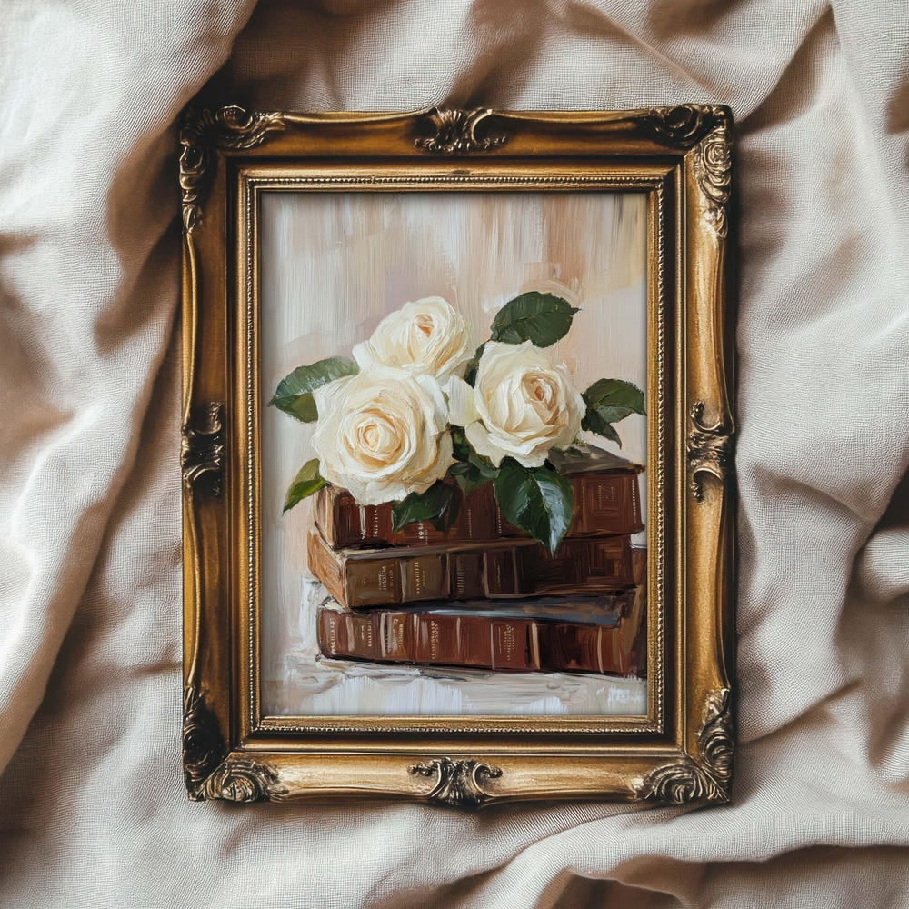 Books And White Roses Print Floral Vintage Style Wall Art Cottage Light ...
