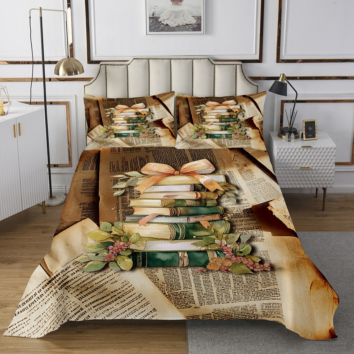 Books Bedspread King Size,Retro Brown Old Newspaper Patchwork Coverlet ...