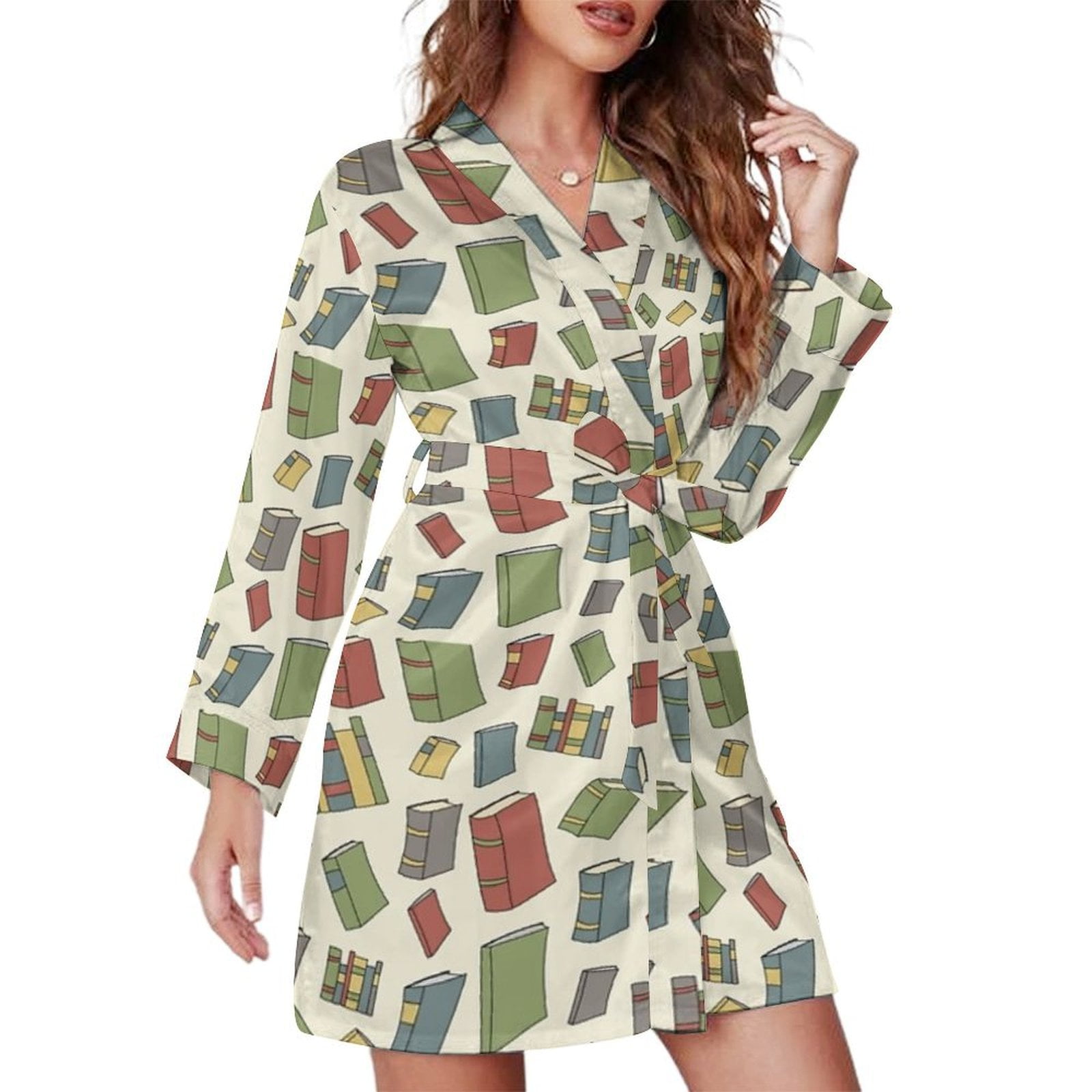 Books, Books, Books Night Robe Long Sleeve V Neck Robe With Belt Women ...