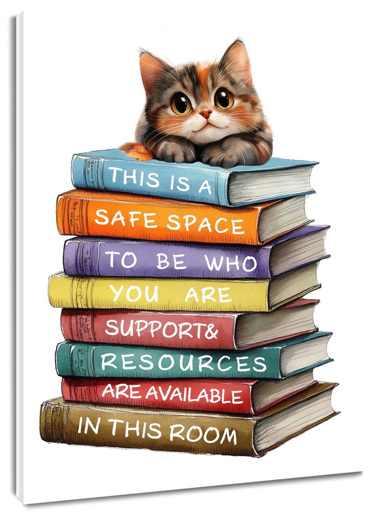 Books Canvas Wall Art Cute Cat Colorful Book Stack Inspirational Quotes ...