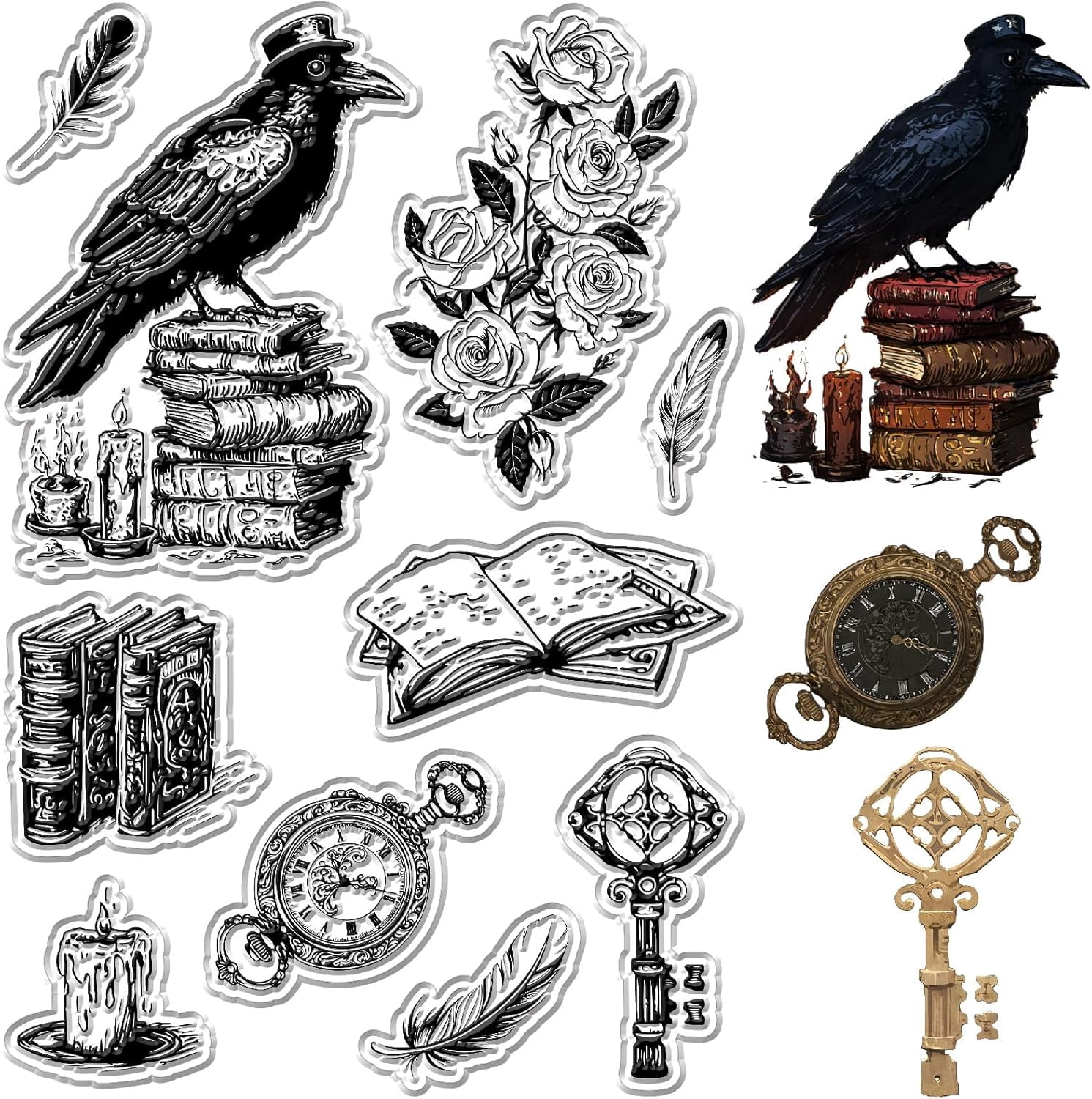 Books Clear Stamps Vinatge Raven Crow Rose Transparent Silicone Rubber ...