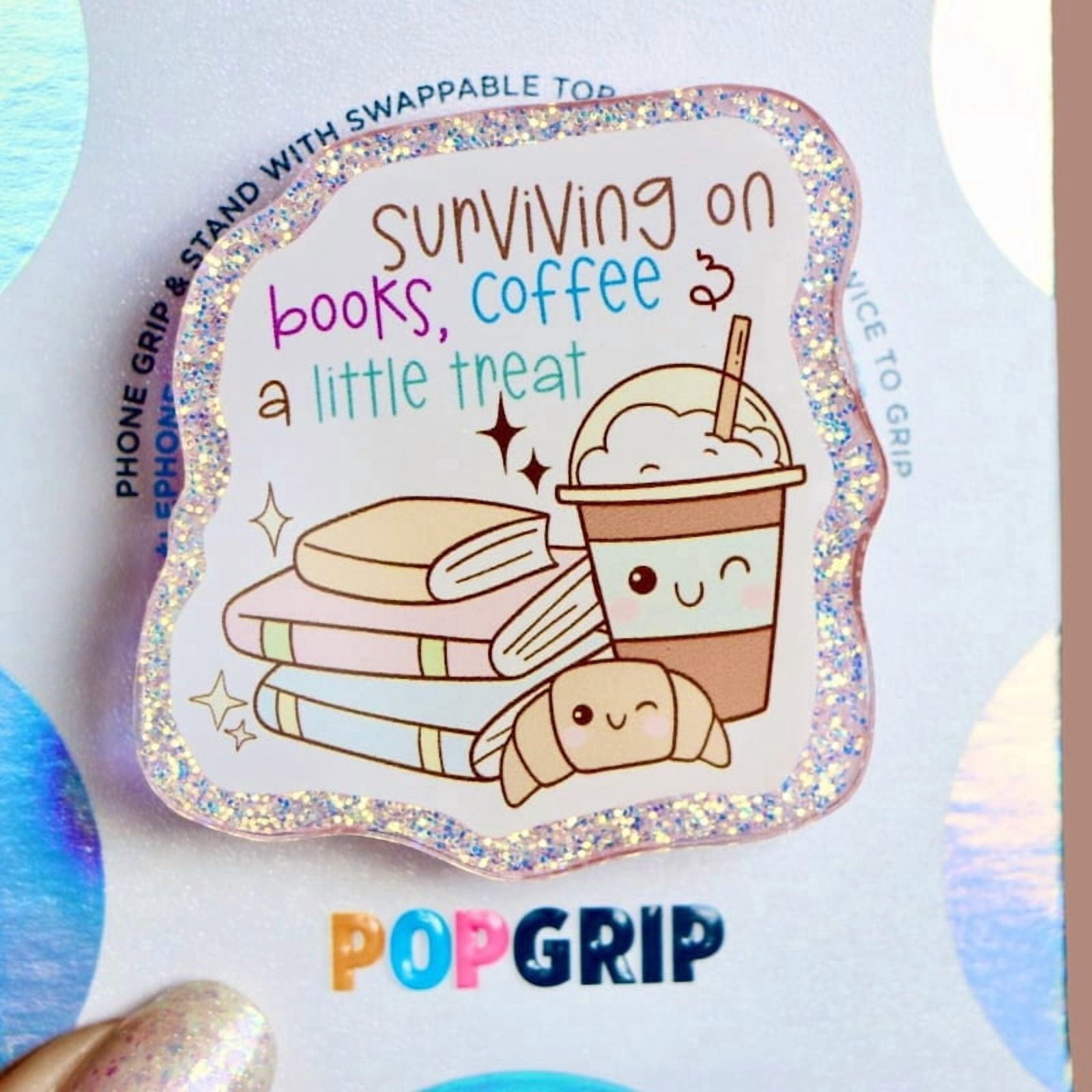 Books, Coffee, and a Little Treat Resin Acrylic Grip | Cute Book Grip ...