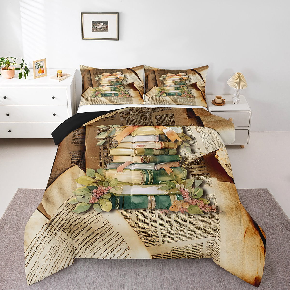 Books Comforter Set Full Size,Retro Brown Old Newspaper Patchwork ...