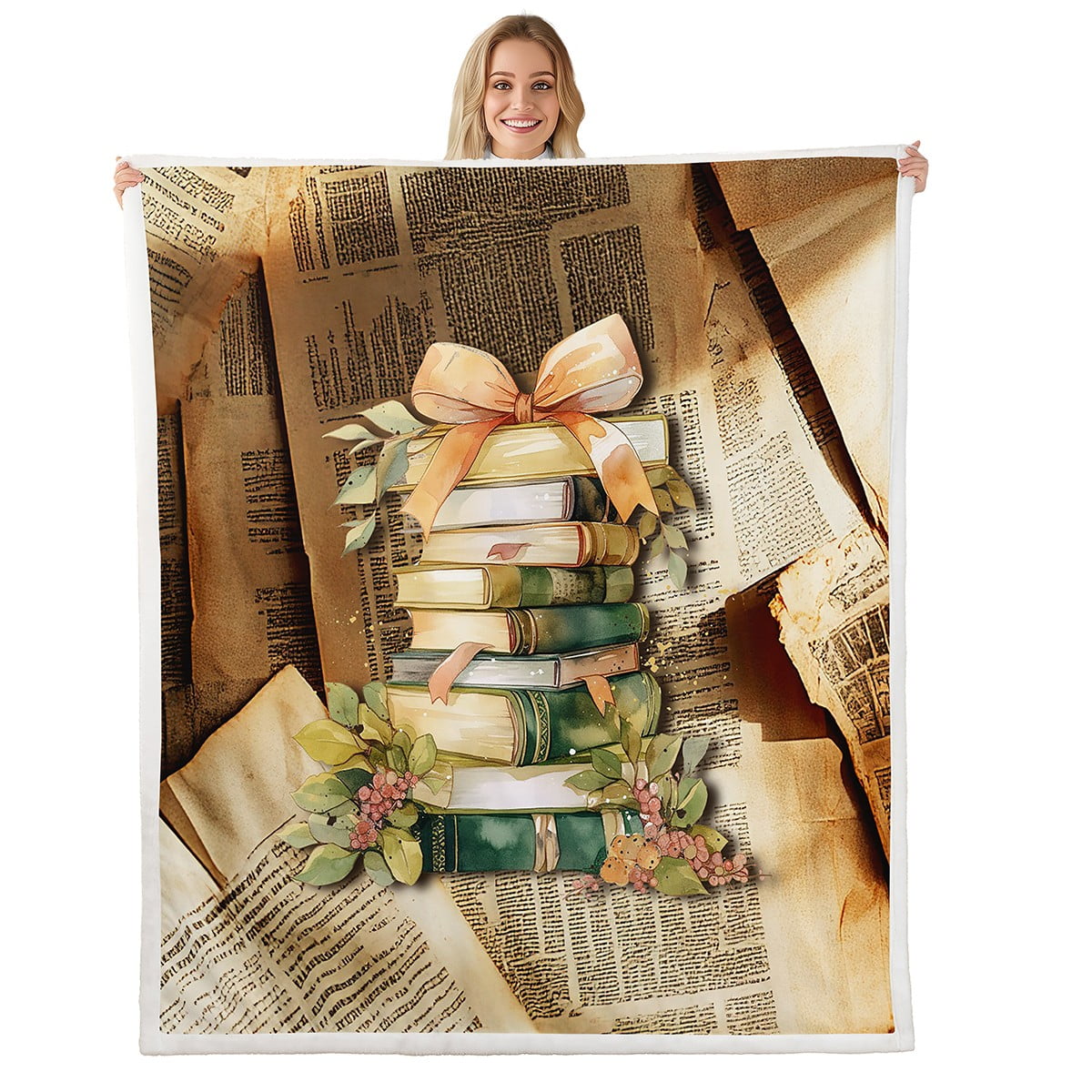 Books Flannel Fleece Blanket,Retro Brown Old Newspaper Patchwork Super ...