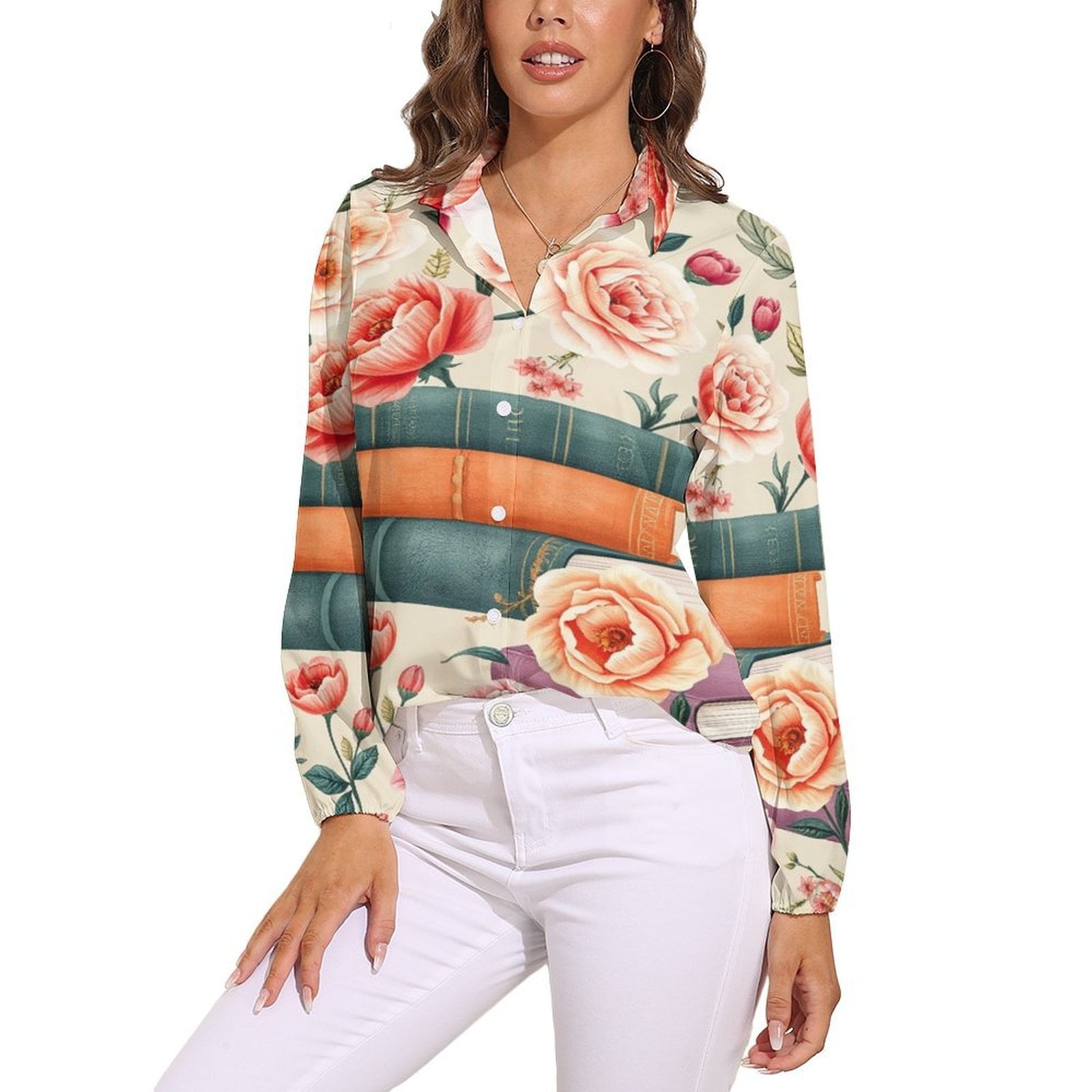 Books Floral Pattern Blouse Female Long Sleeve Casual Shirts Oversized ...
