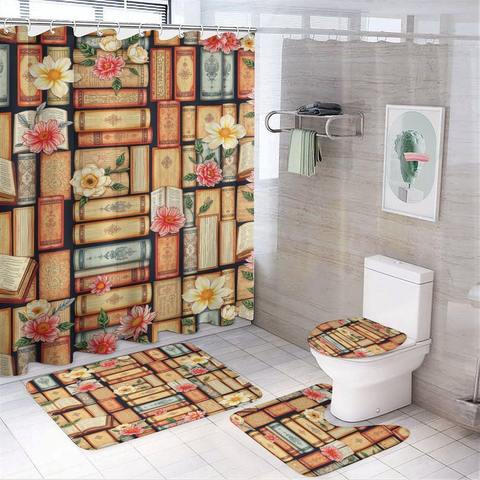 Books Flowers Background Shower Curtain Modern Bath Decor Set Toilet ...