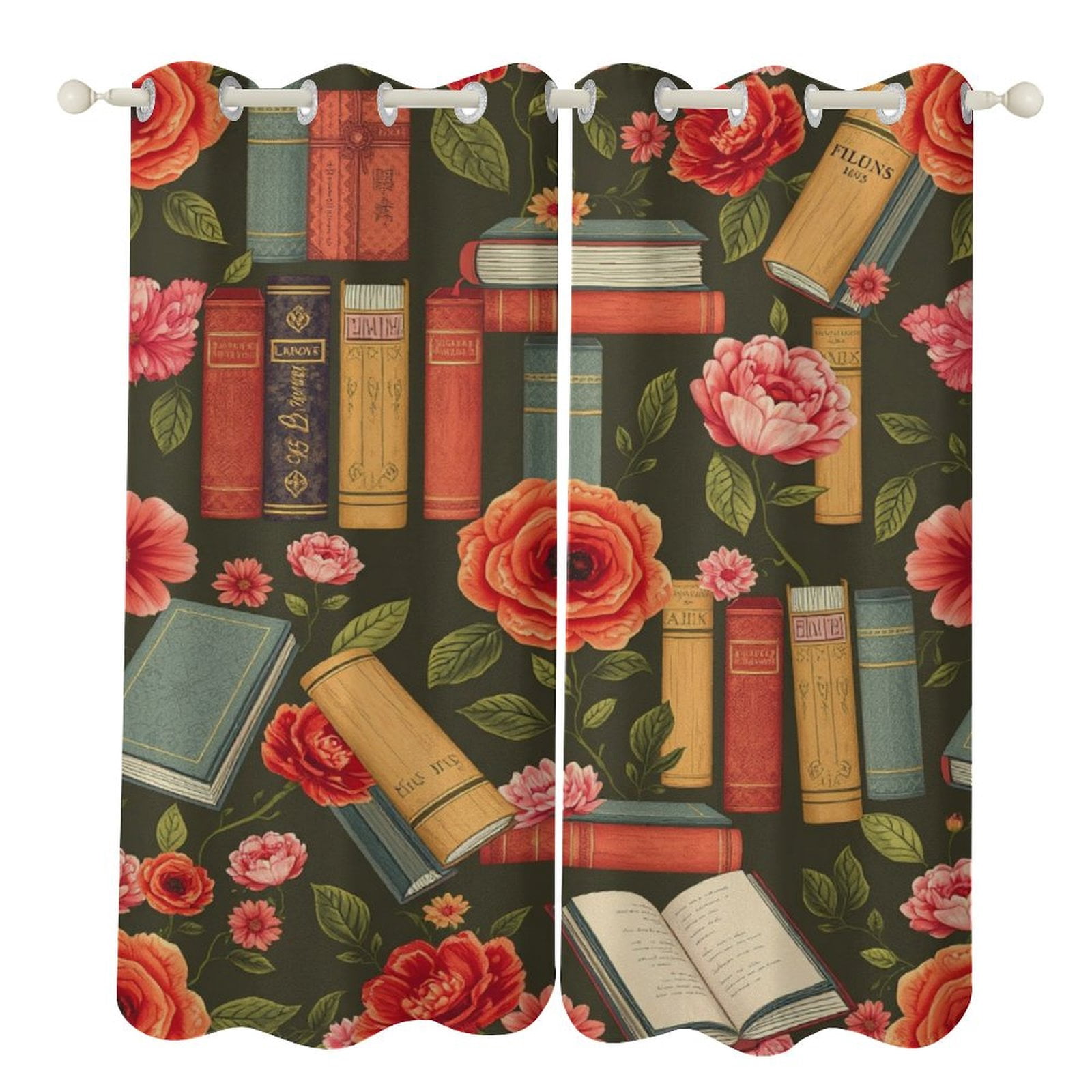 Books Flowers Pattern 2 Pieces Window Drape Curtain for Living Room ...