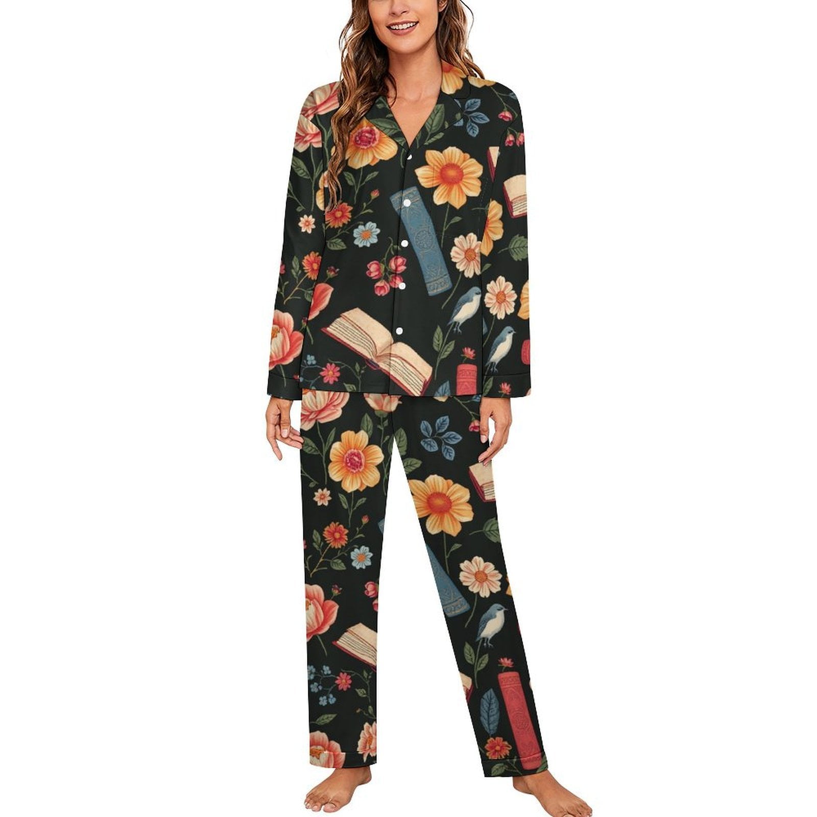 Books Flowers Pattern Pajamas Long-Sleeve Two Piece Pajamas Set Women V ...