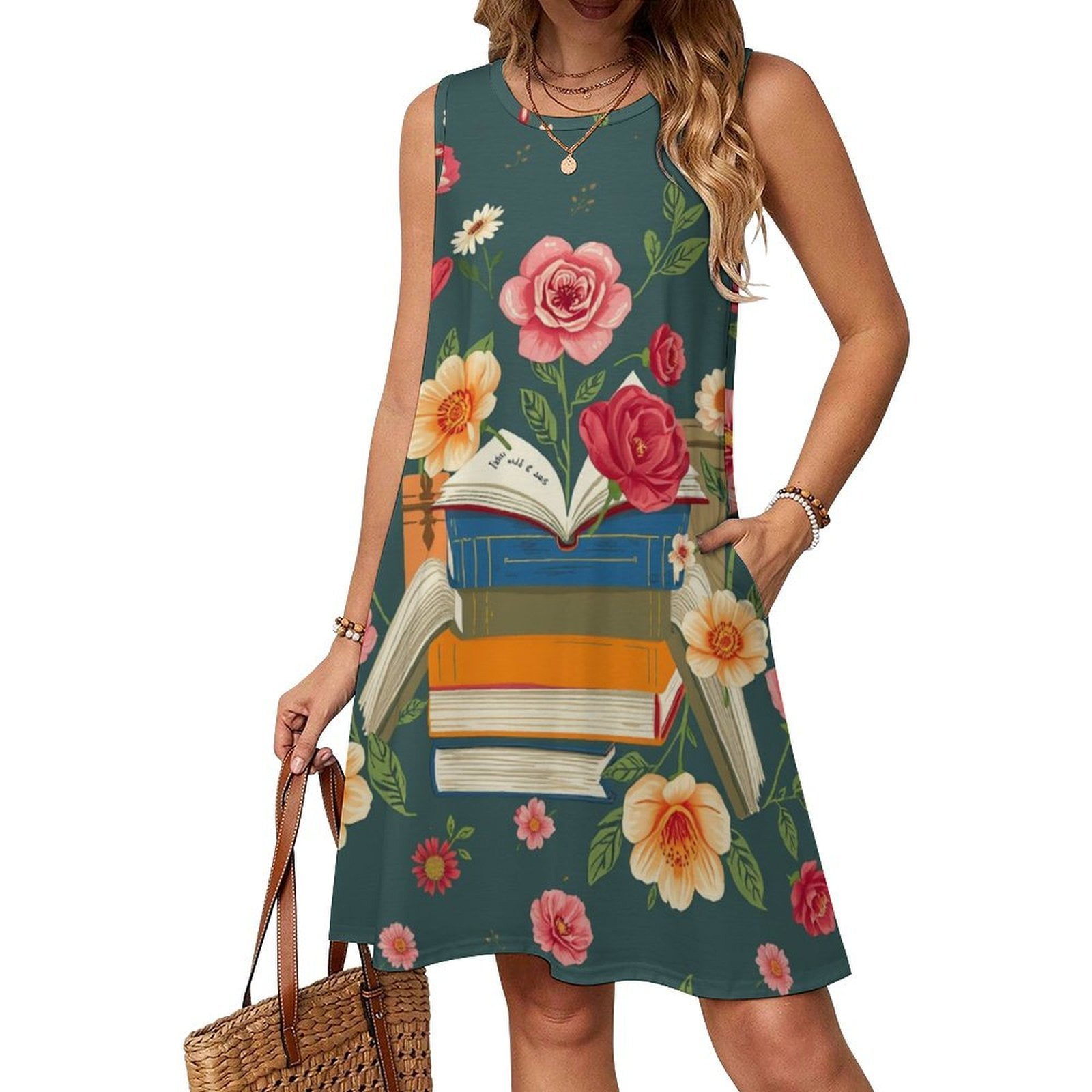Books Flowers Pattern Summer Spring Dress Women Sleeveless Casual ...