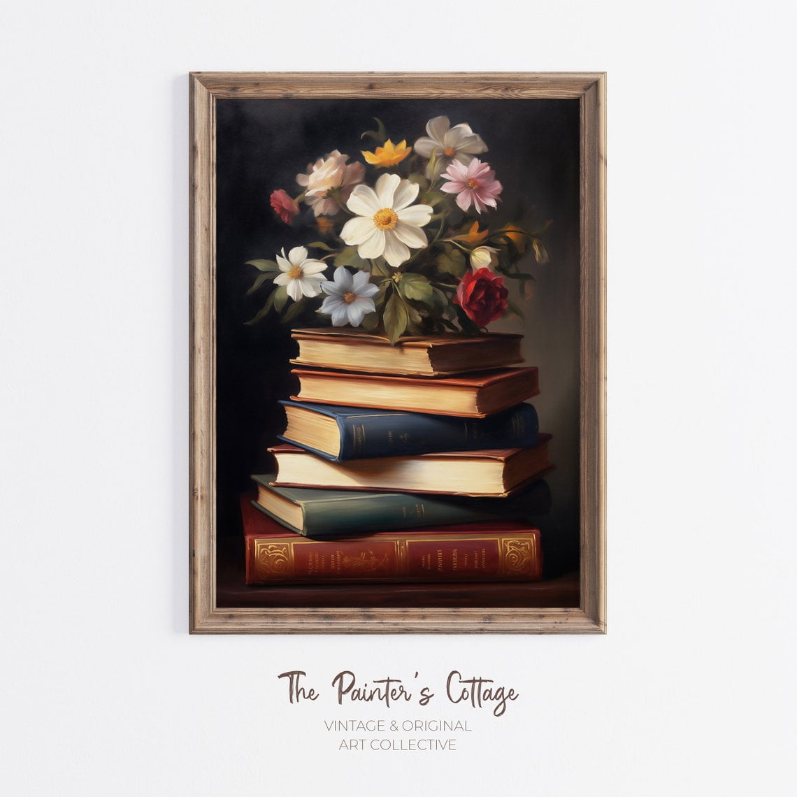 Books And Flowers Wall Art, Moody Floral, Book Stack Print, Book Lover ...