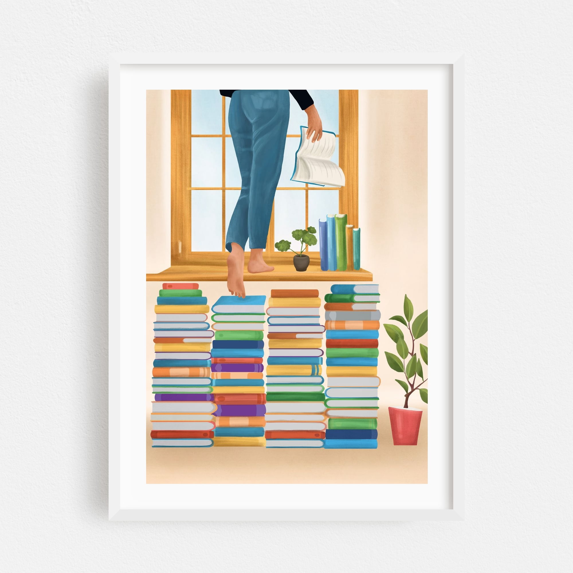 Books! - Illustration Reading Library Whimsical White Framed Wall Art ...