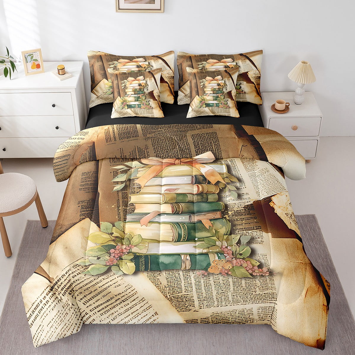 Books King Bedding Set 7 Pieces,Retro Brown Old Newspaper Patchwork ...