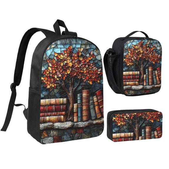 Books Lovers Stained Glass Art 17-inch Laptop Backpack 3-Piece Set with ...