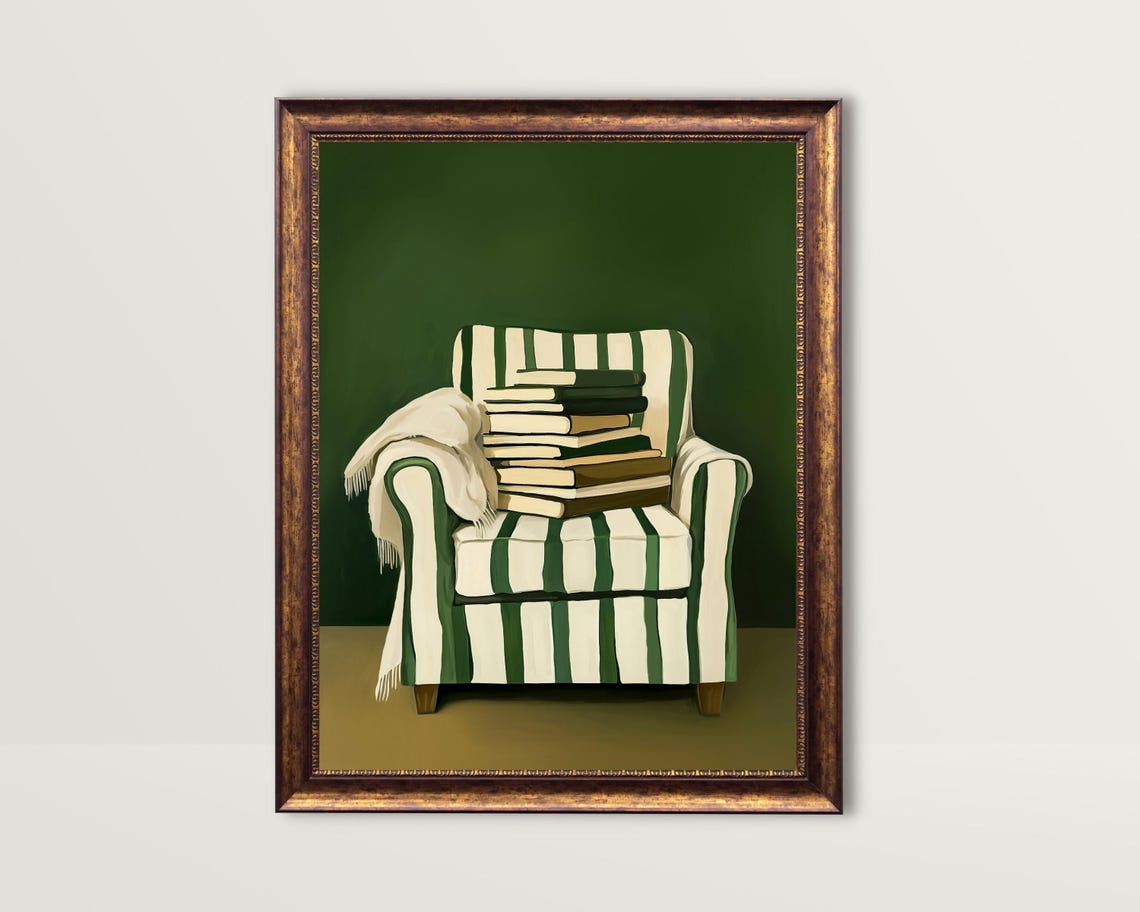 Books On Chair, Green Striped Wall Art Cozy Reading Nook Decor Book ...