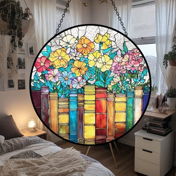 Books Pattern Glass Suncatcher, Literary Art Window Garden Decoration ...