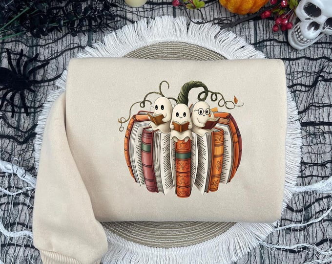 Books Pumpkin Ghost Shirt, Ghost Reading T-Shirt, Library Sweatshirt ...
