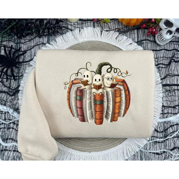 Books Pumpkin Ghost Shirt, Ghost Reading T-Shirt, Library Sweatshirt ...