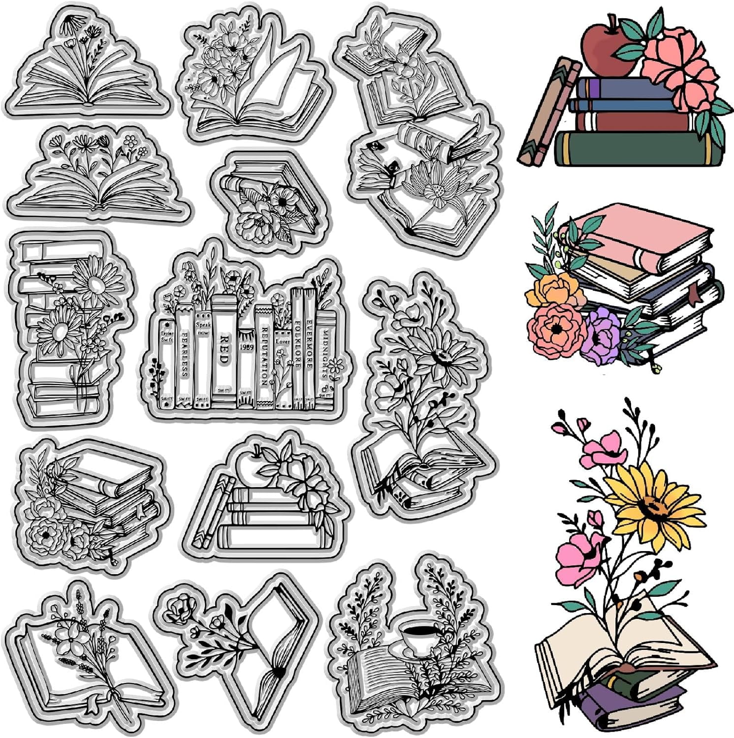 Books Stack Clear Rubber Stamps Vintage Flowers Reusable Transparent ...