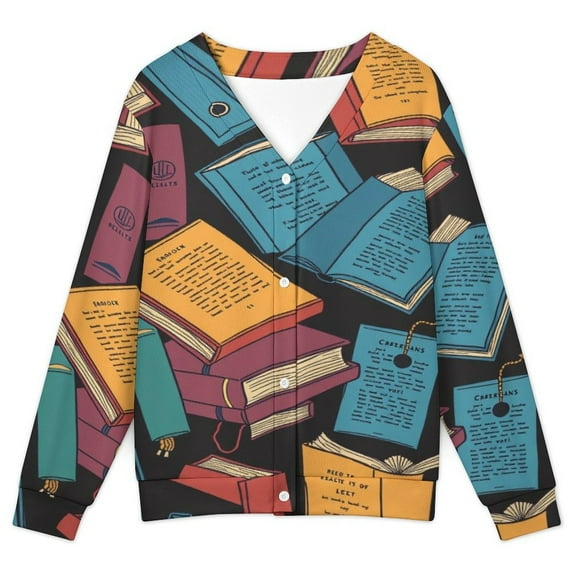 Books Stacked Everywhere Sweater Women V-neck Single-Breasted Letters ...