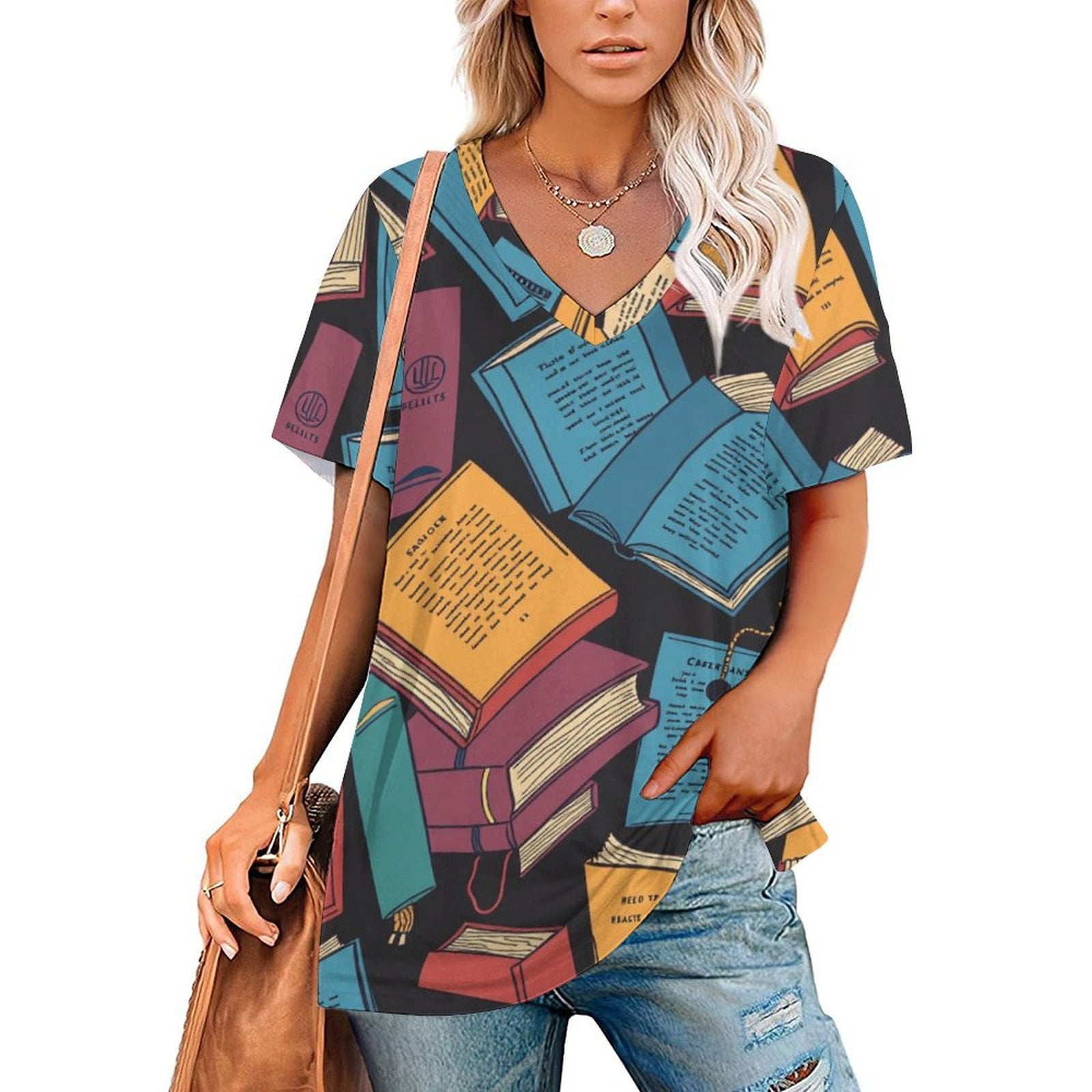Books Stacked Everywhere T Shirts V Neck Short Sleeve Print Top Tees ...