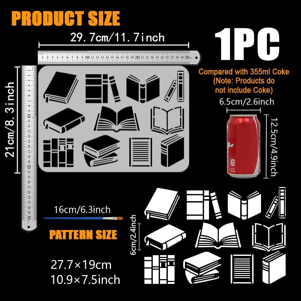 Books Stencil with a Paint Brush 11.7x8.3Inch Reusable Paper Template ...