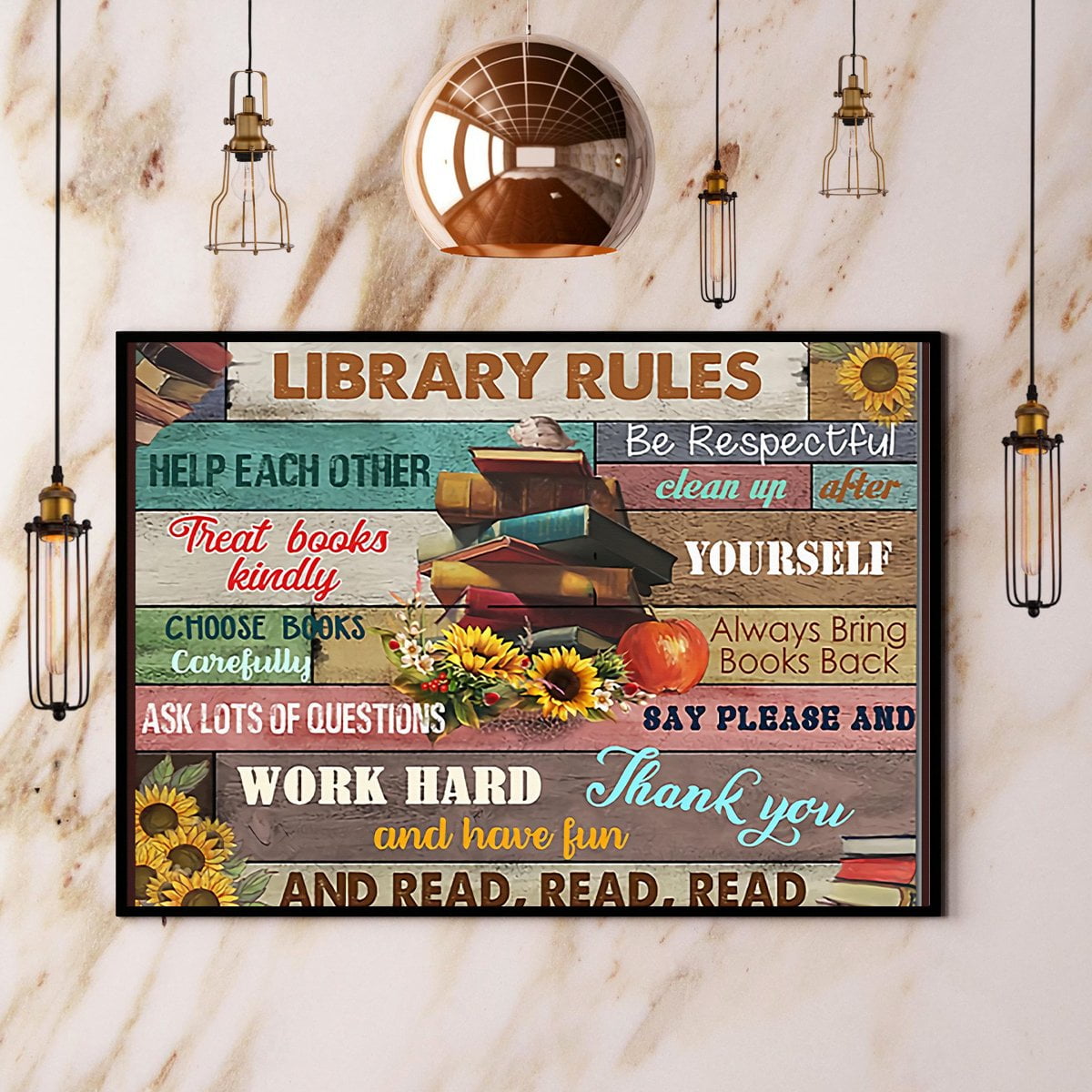 Books & Sunflower Library Rules Work Hard And Read Paper Poster No ...