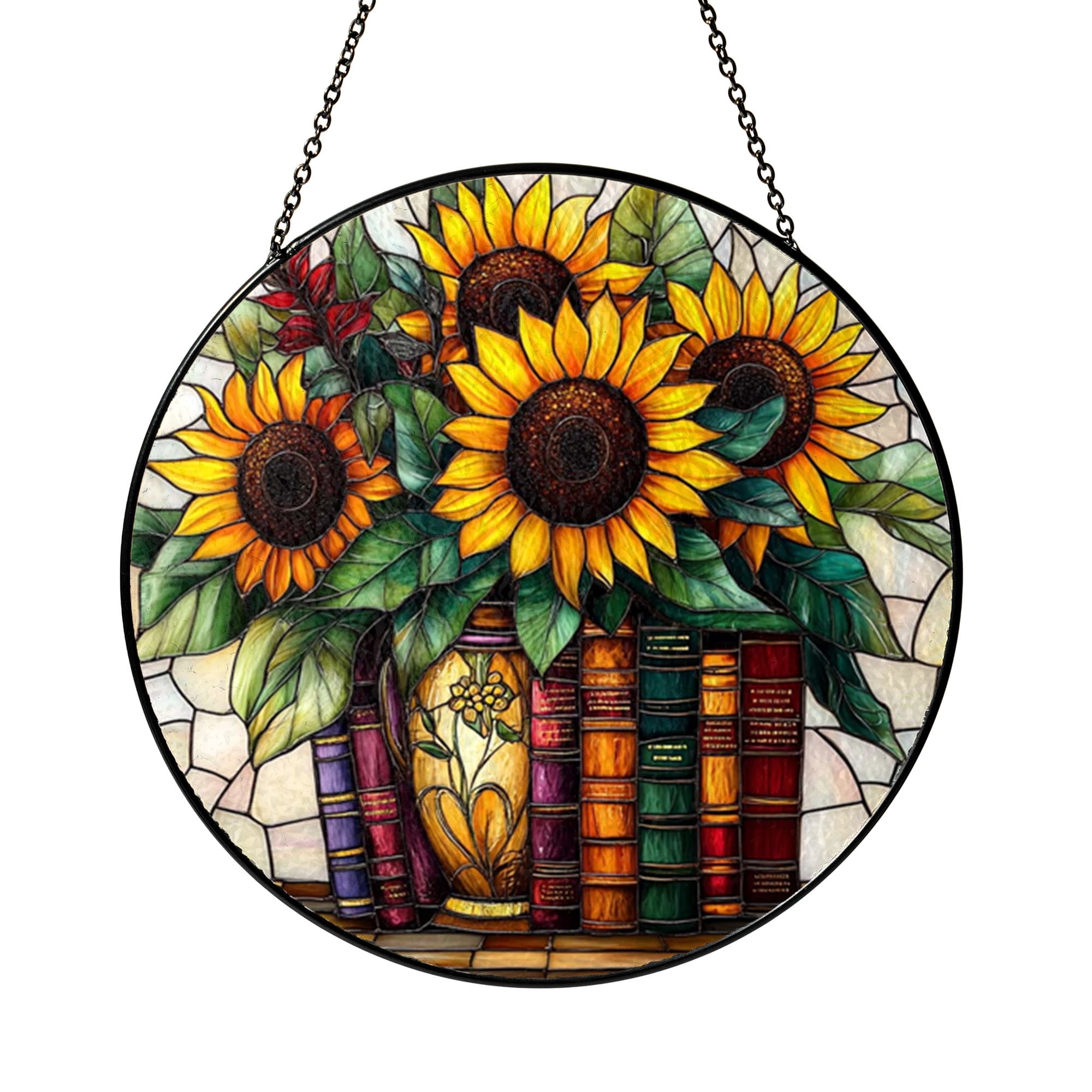 Books Sunflower Window Suncatcher, Stained Glass Reading Nook Art, Cozy ...