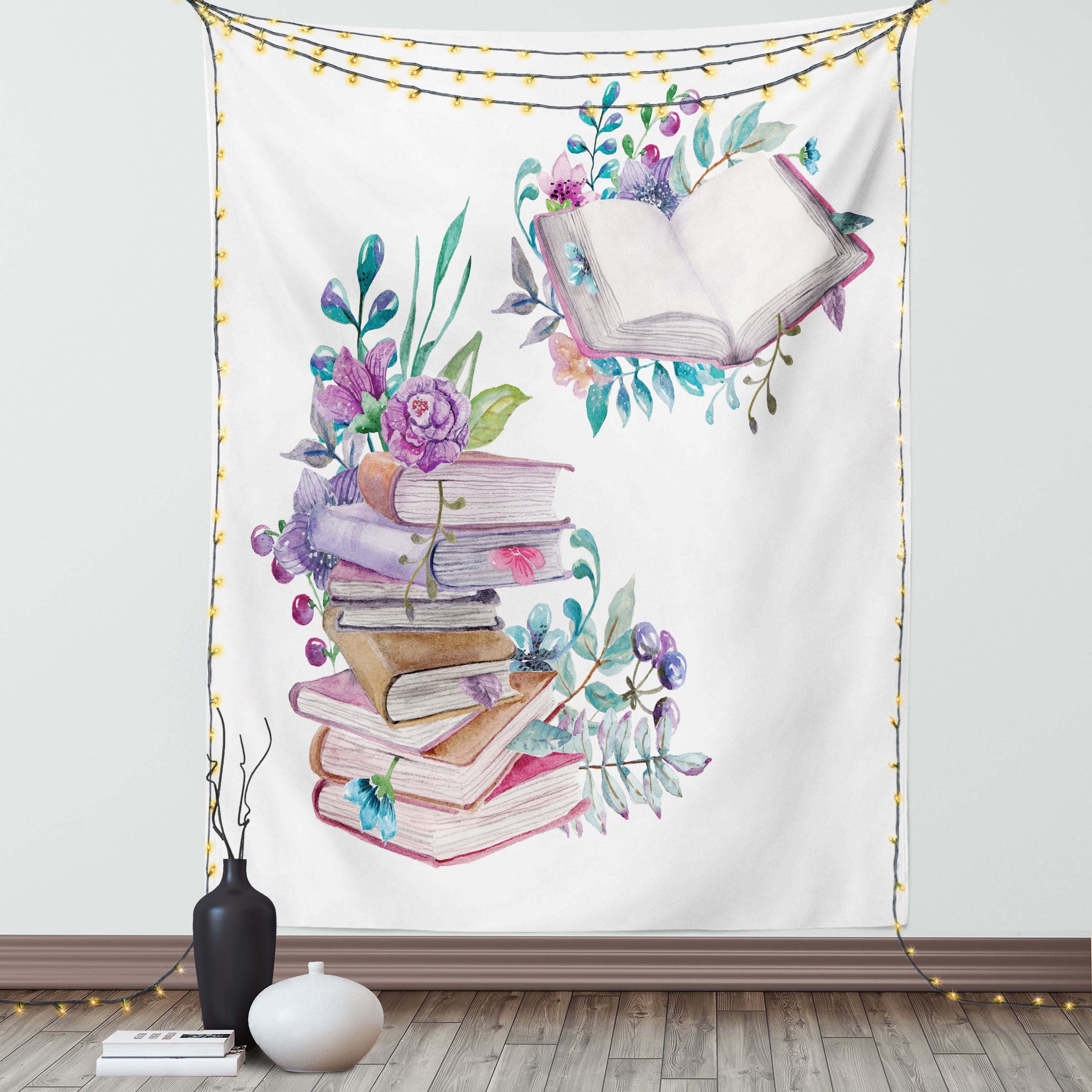 Books Tapestry, Watercolor Style Bookworm Dry Flowers Romantic Read ...