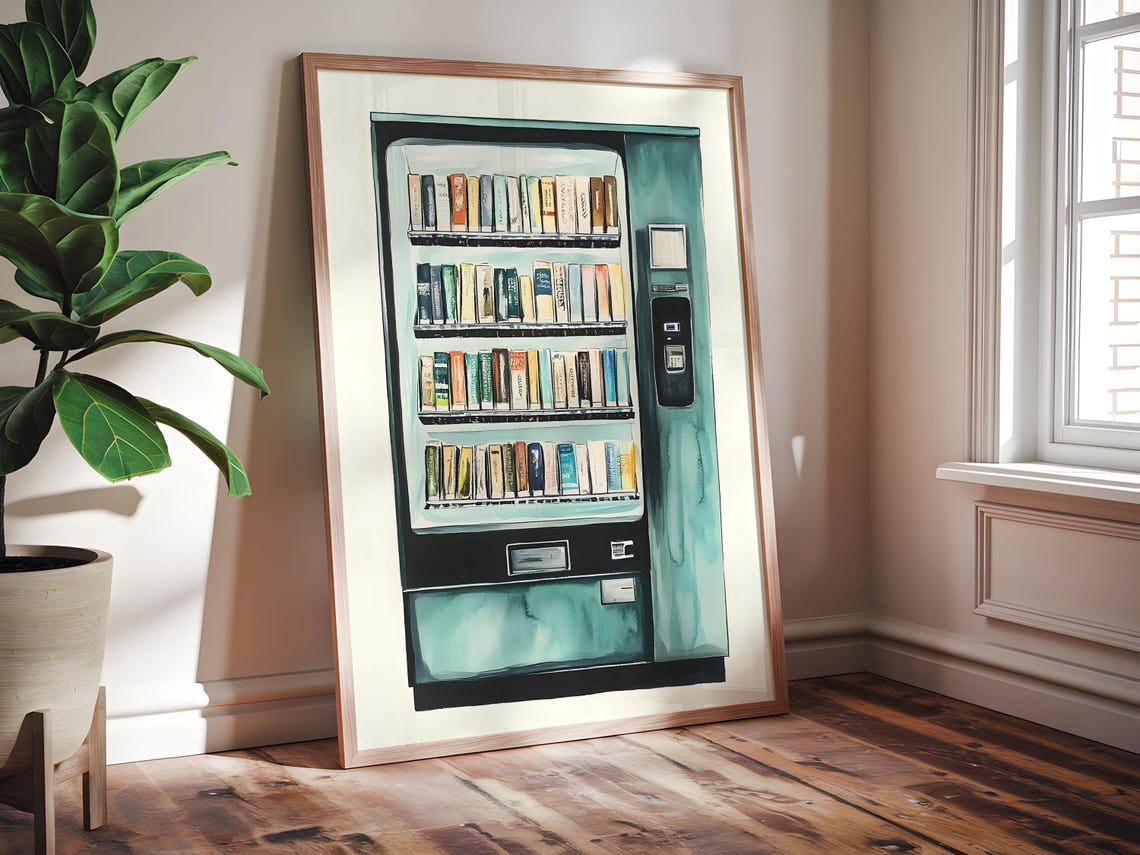 Books Vending Machine Illustration Wall Art for Book Lovers, Stretched ...