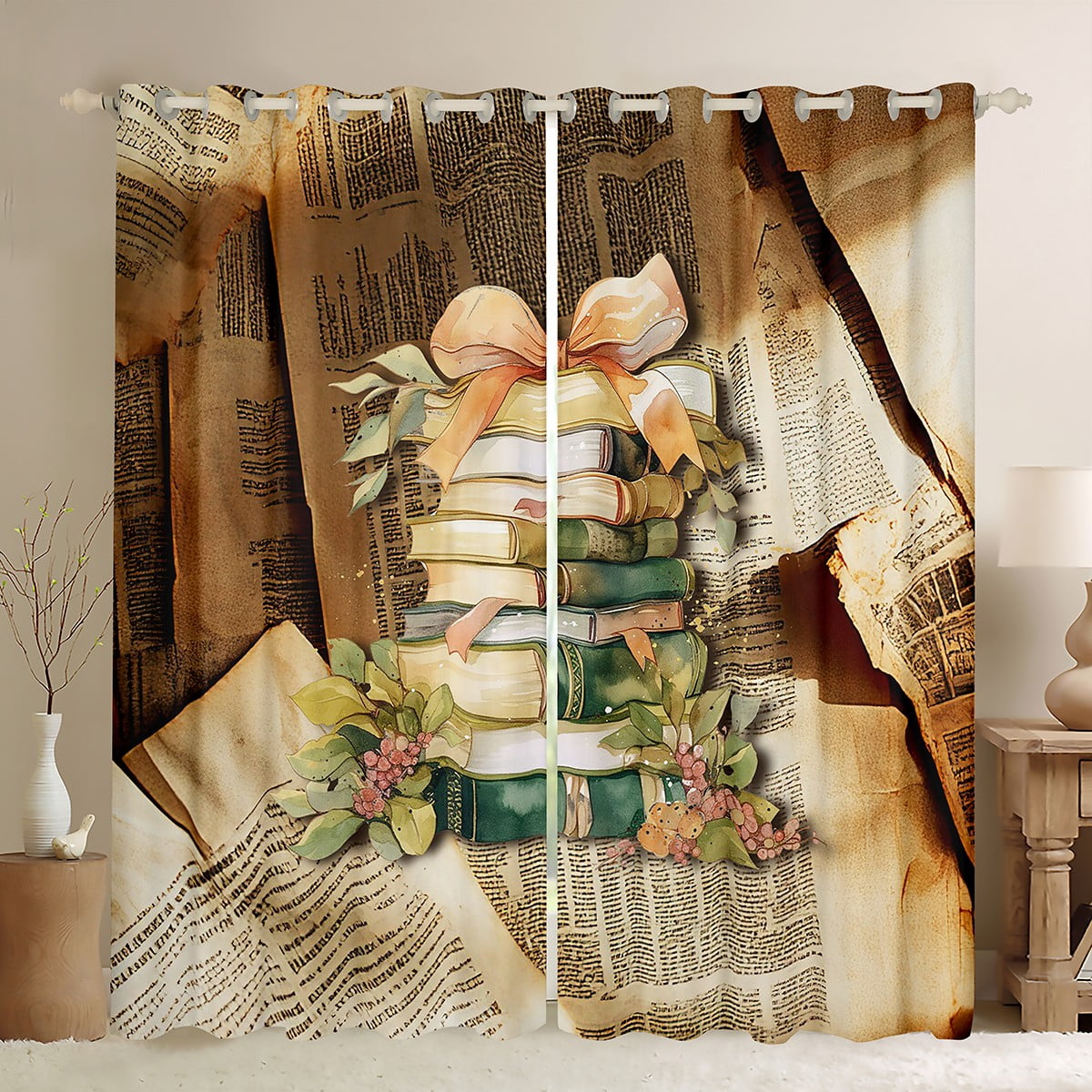 Books Windows Drapes Block 30%-50% Light,Retro Brown Old Newspaper ...