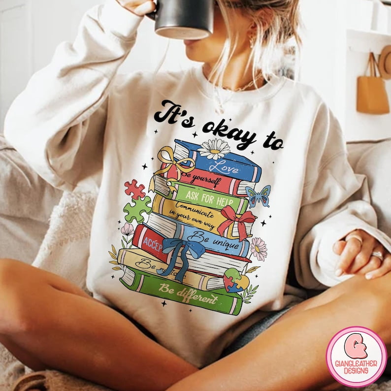 Books and Autism Awareness Sweatshirt, Coquette Bow Brushstroke ...