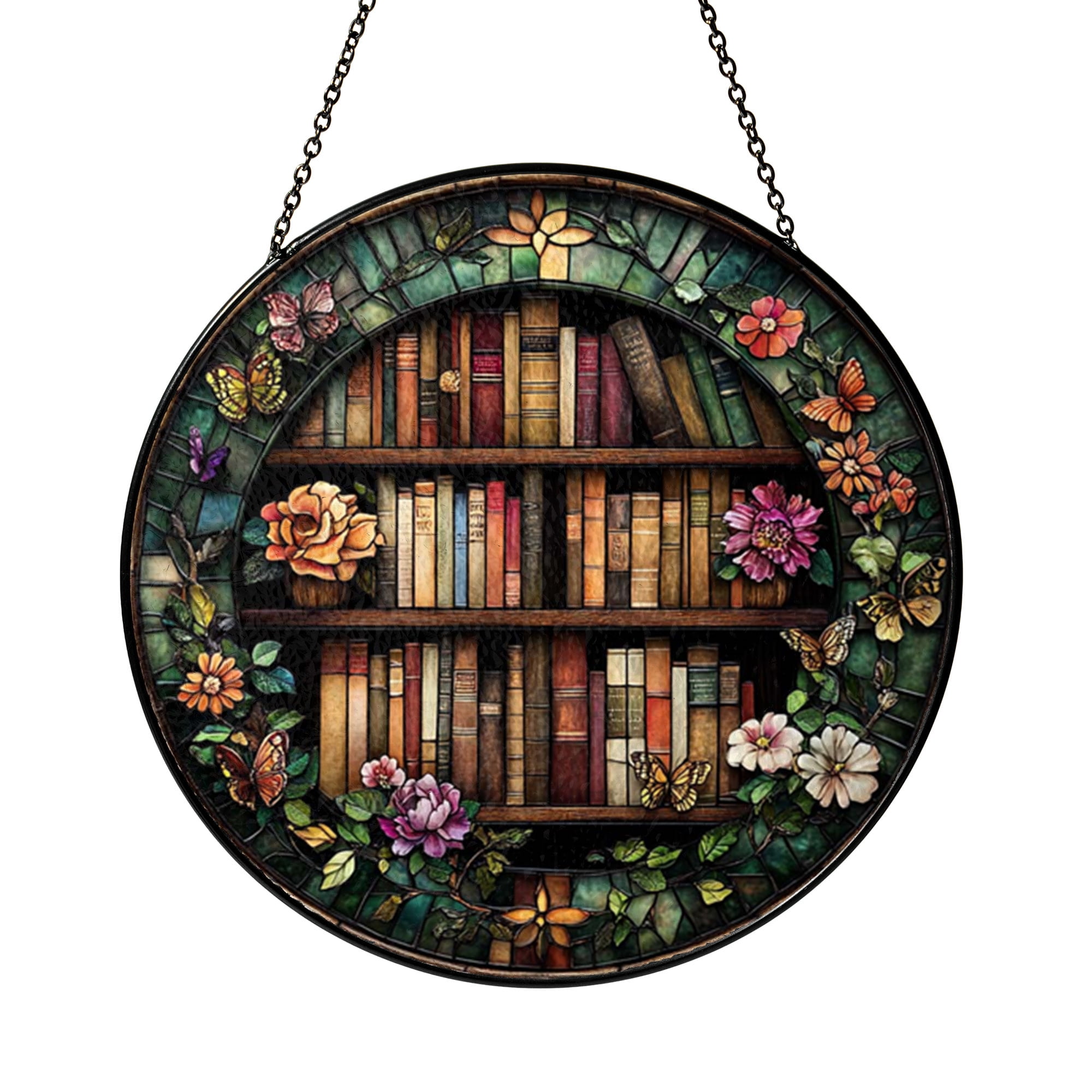 Books and Flowers Glass Suncatcher – Decorative Round Window Hanging ...