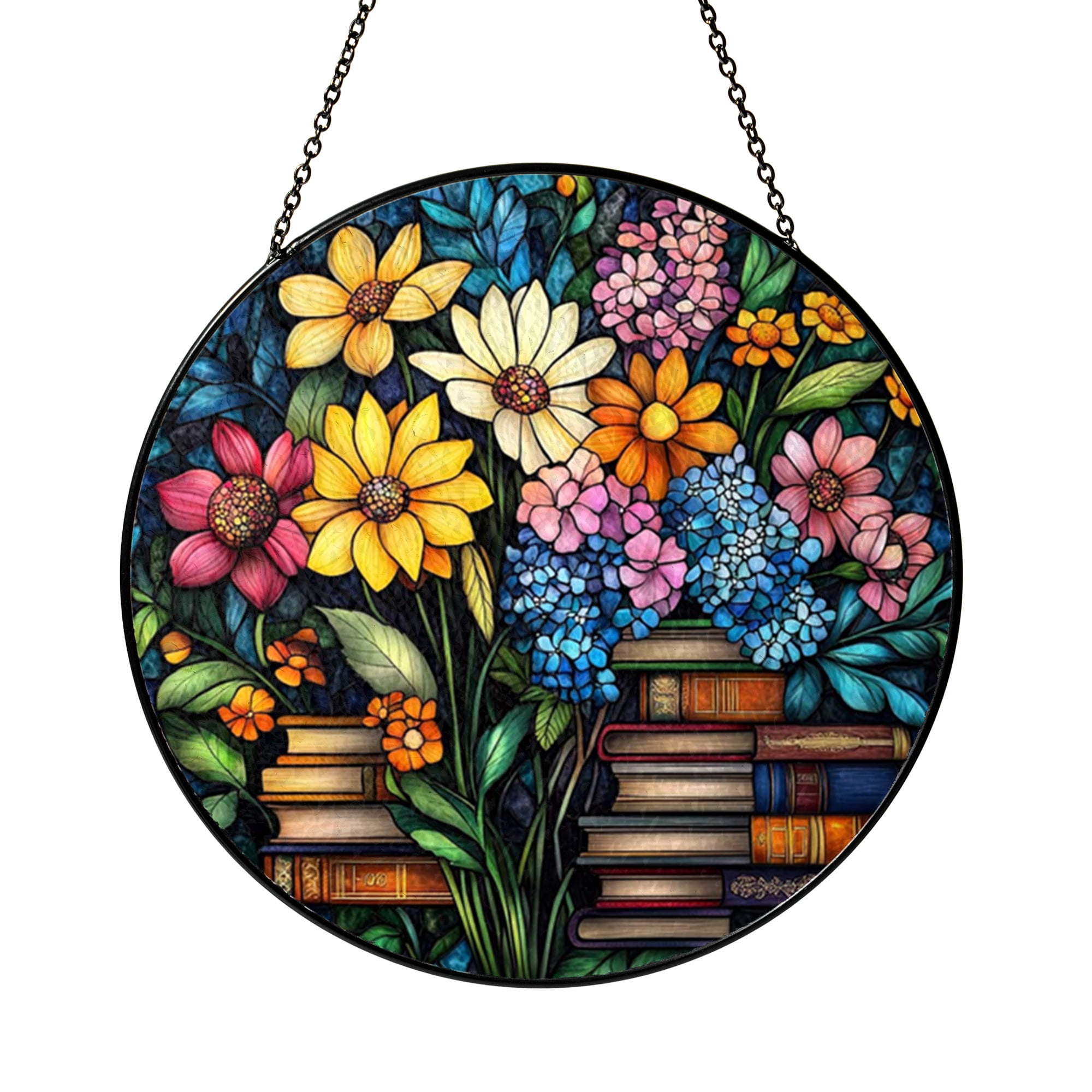 Books and Flowers Glass Suncatcher Window Hanging Decor, Reading ...