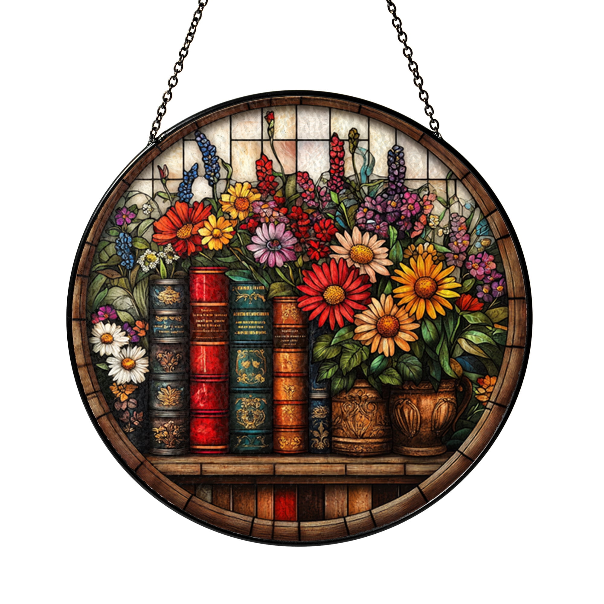 Books and Flowers Suncatcher, Literary Stained Glass Style Window ...