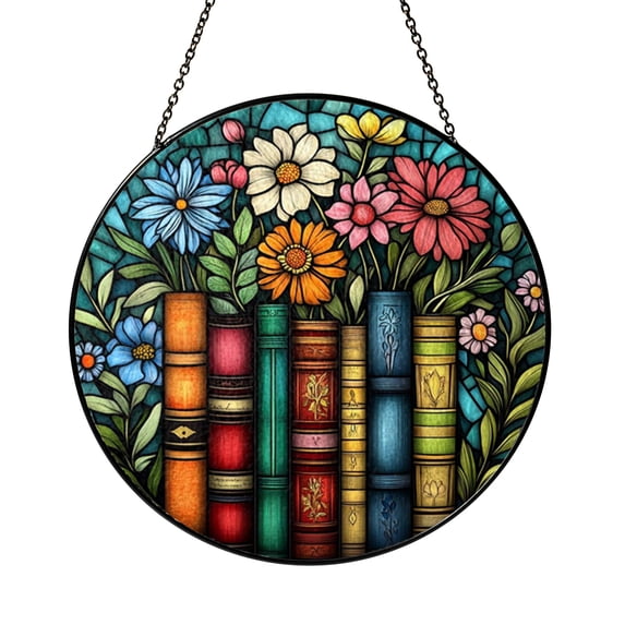 Books and Flowers Window Glass Suncatcher Ornament, Artistic Reading ...