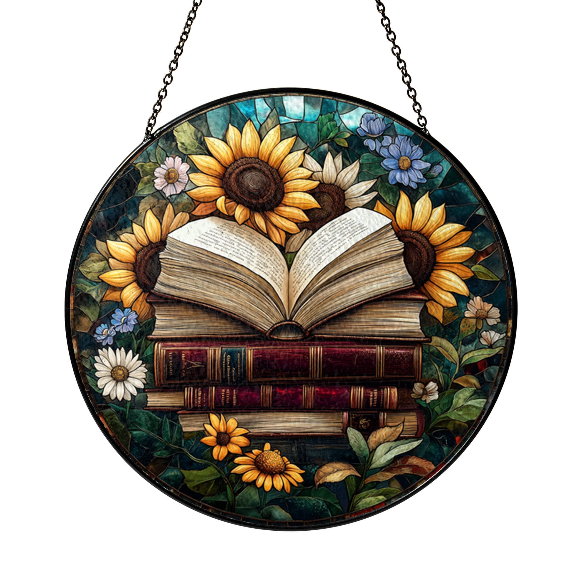 Books and Sunflowers Stained Glass Suncatcher – Floral Window Art ...