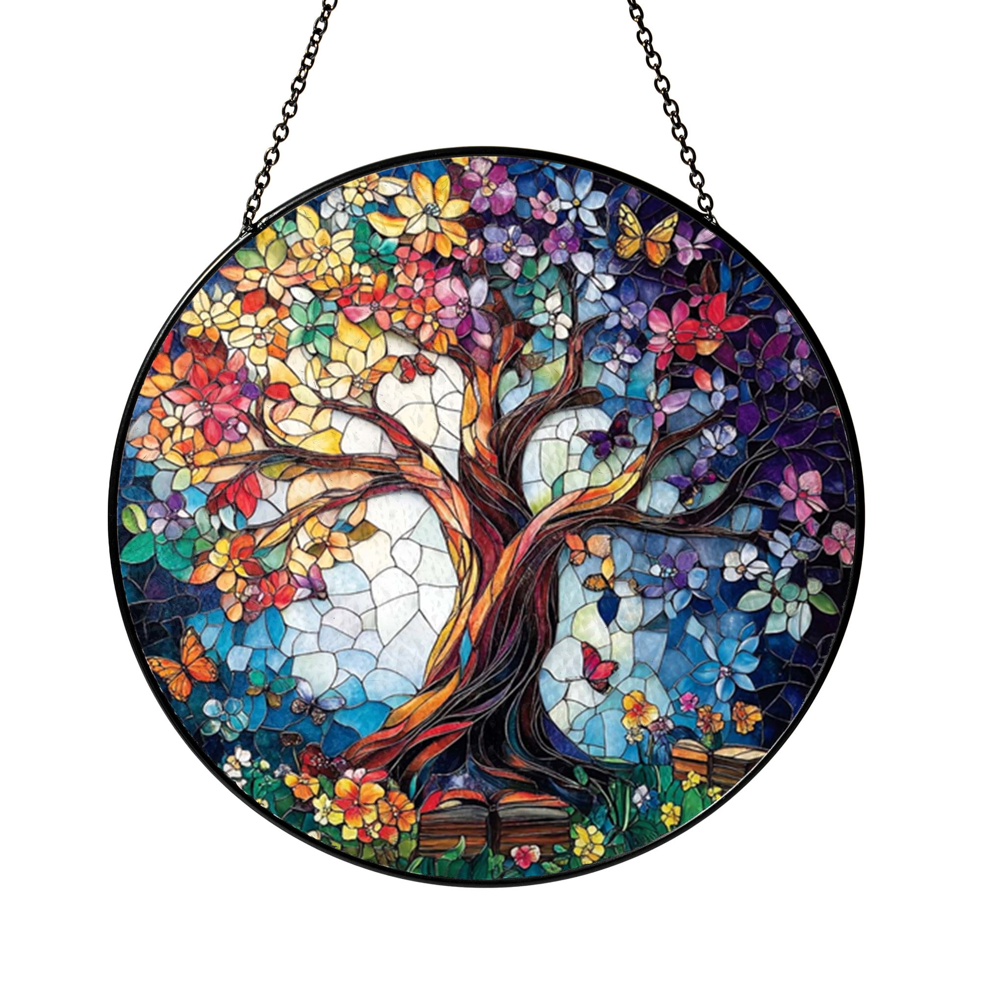 Books and Tree Design Stained Glass Window Hanging - Walmart.com