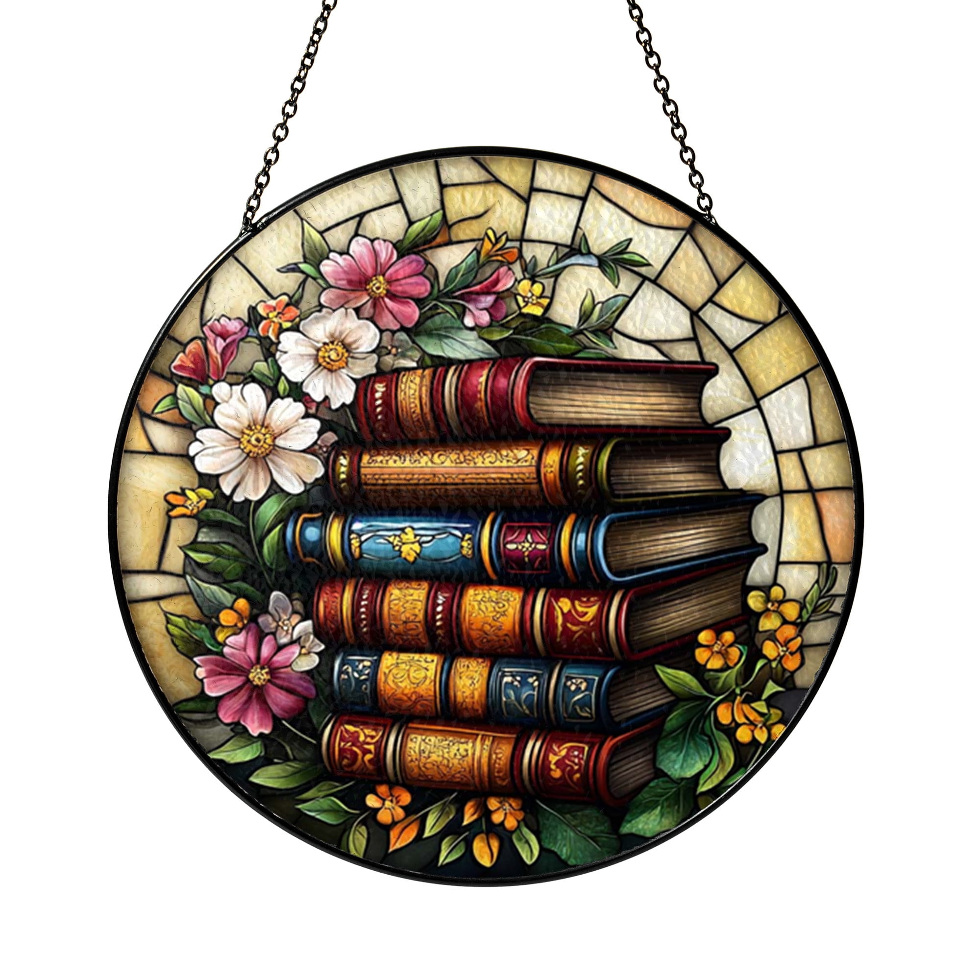 Books and Wildflowers Glass Suncatcher – Literary Style Window Art ...