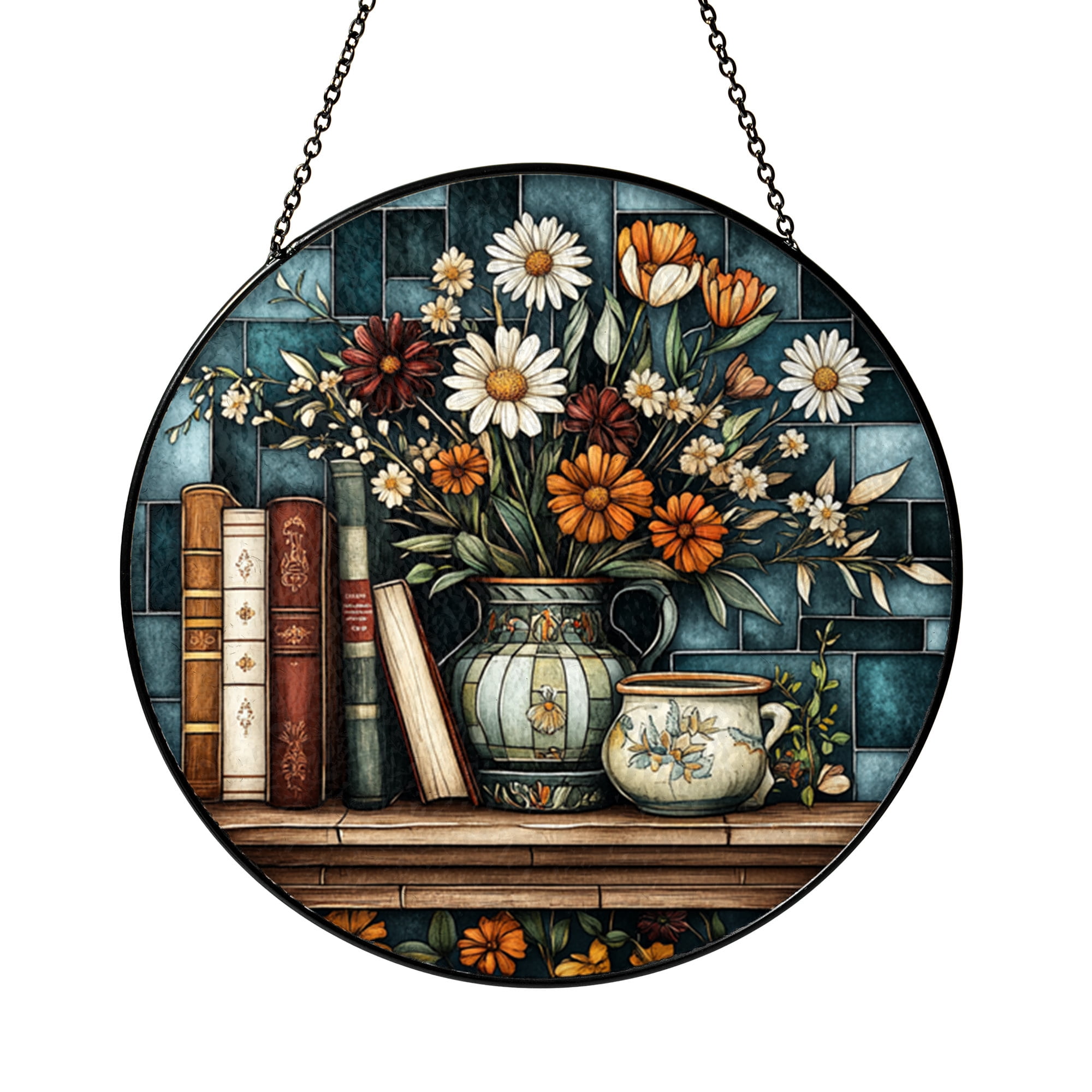 Books with Flowers Decorative Window Hanging – Stained Glass Style ...