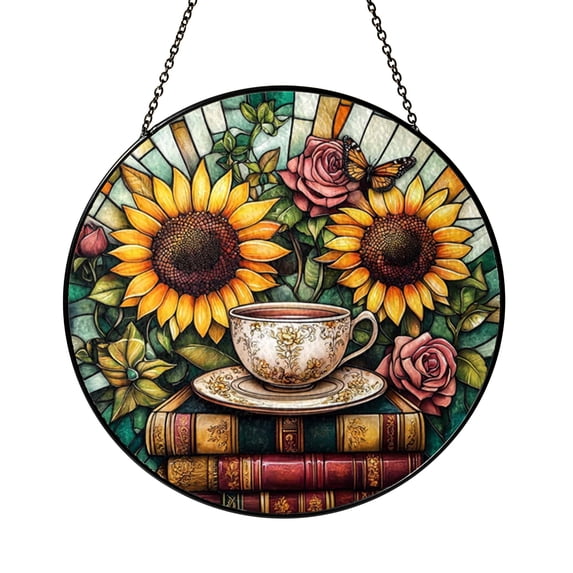Books with Tea Faux Stained Glass Window Decor, Artistic Suncatcher ...