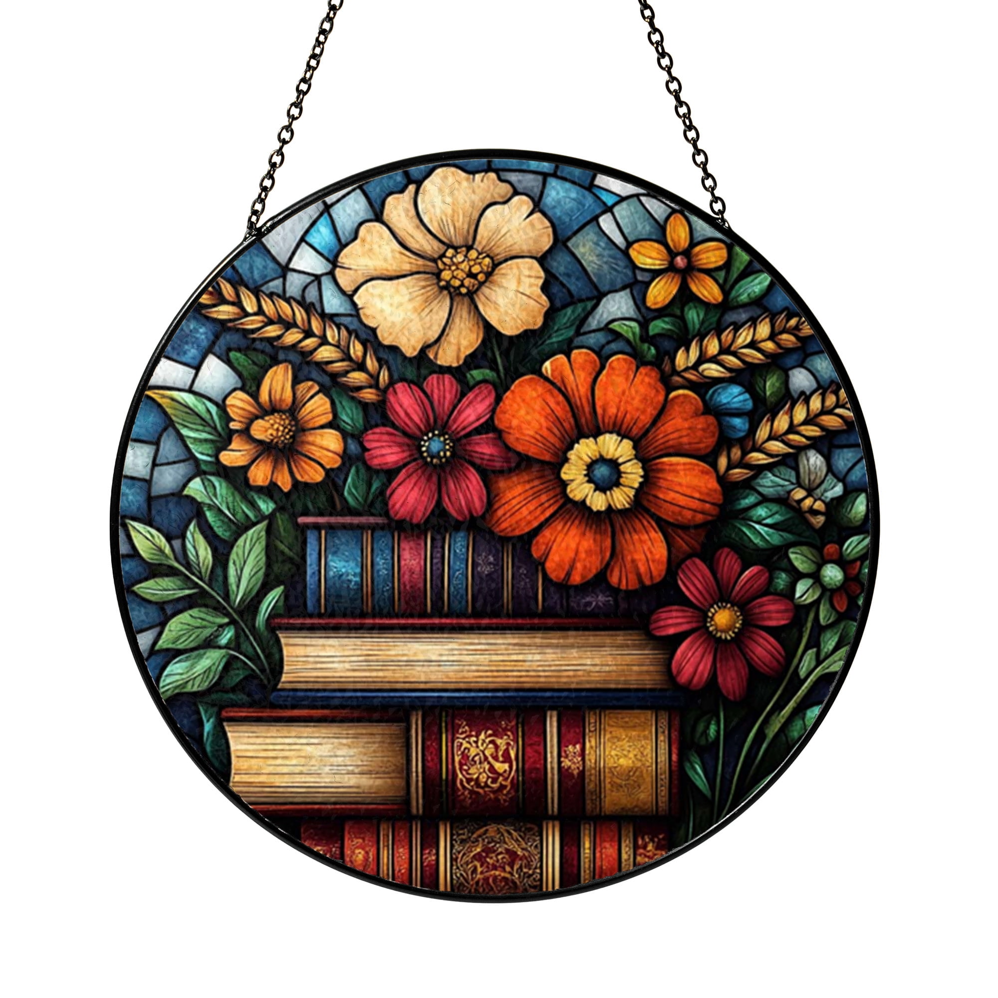 Books with Wildflowers Glass Style Suncatcher – Window Hanging Art ...