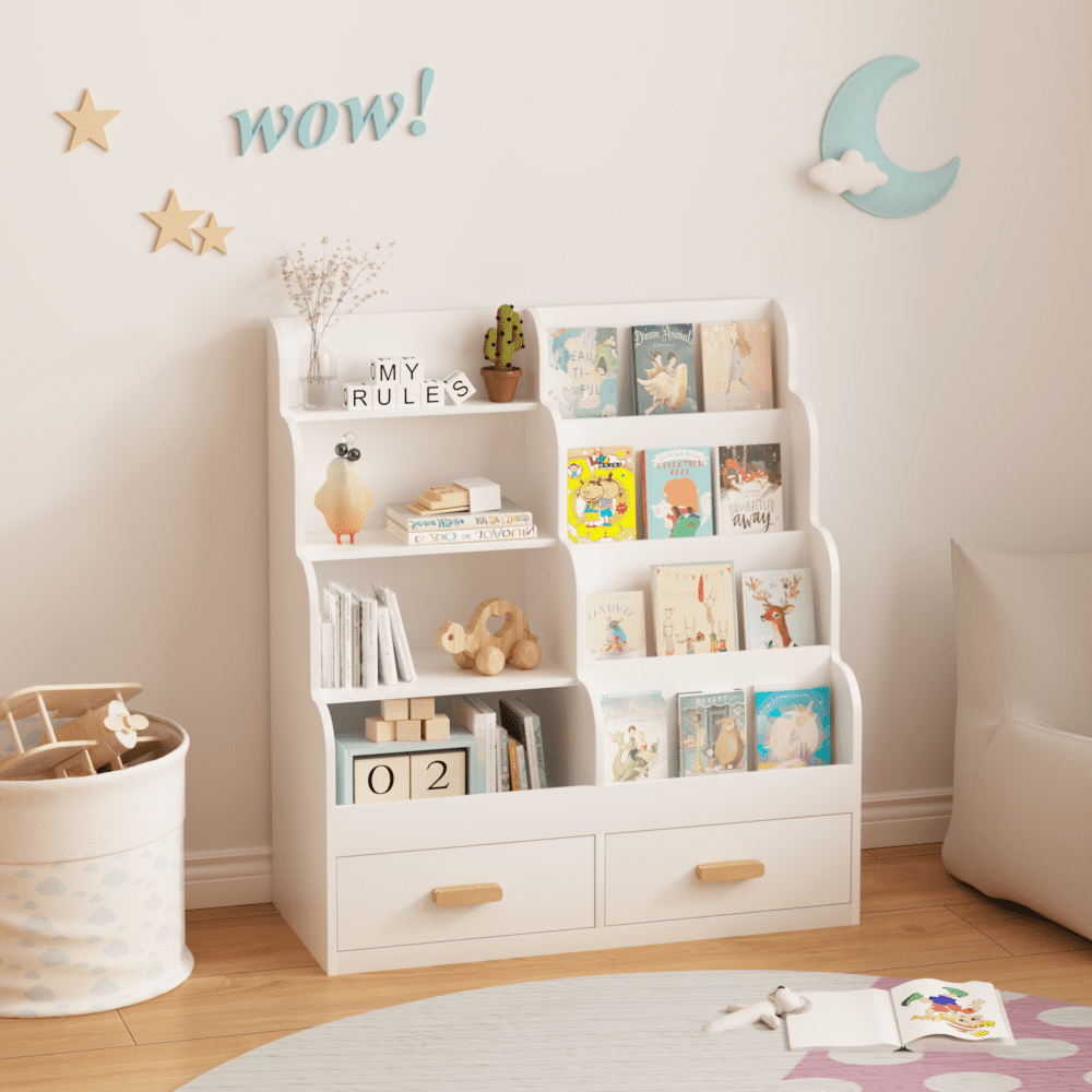 Bookshelf with 2 storage drawers, facing the toddler bookcase and toy ...