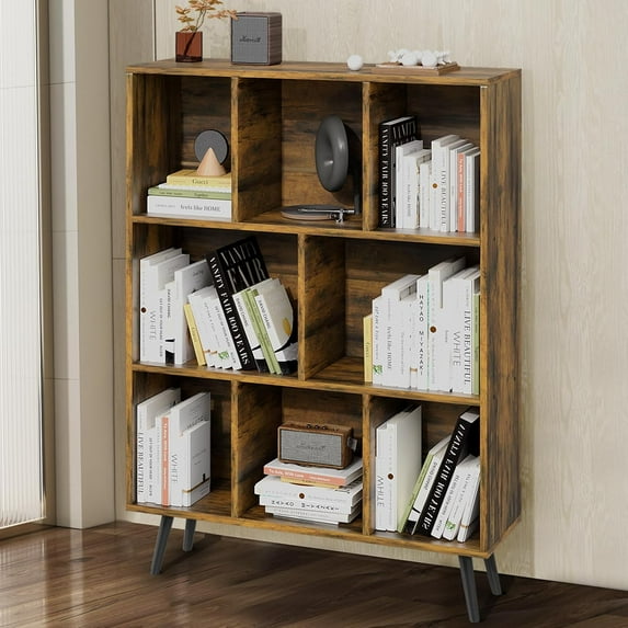 Bookshelf, 3-Tier 8 Cube Open Wooden Book Shelf with Legs, Floor ...