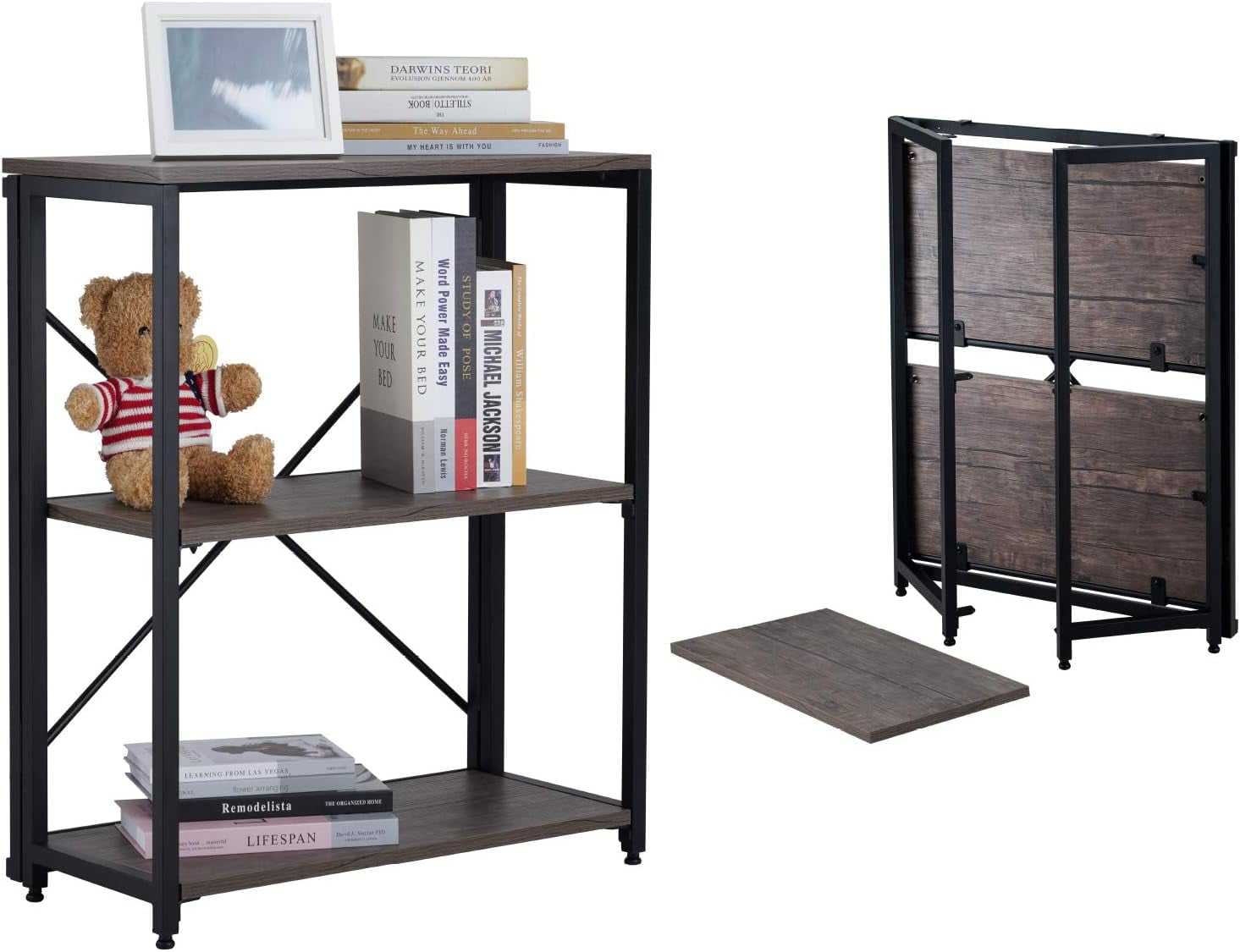 Bookshelf, 3-Tier Folding Bookcase, Industrial Book Shelf, Rustic Wood ...