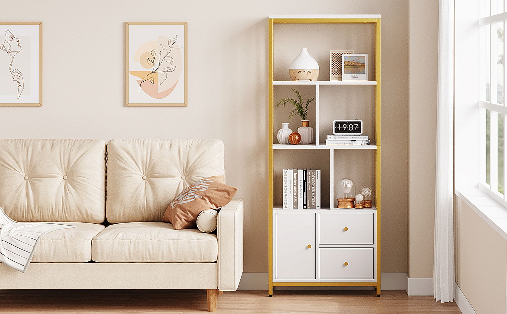 Bookshelf 3 Tier Gold Bookshelf with Drawers,Modern Tall Bookcase ...