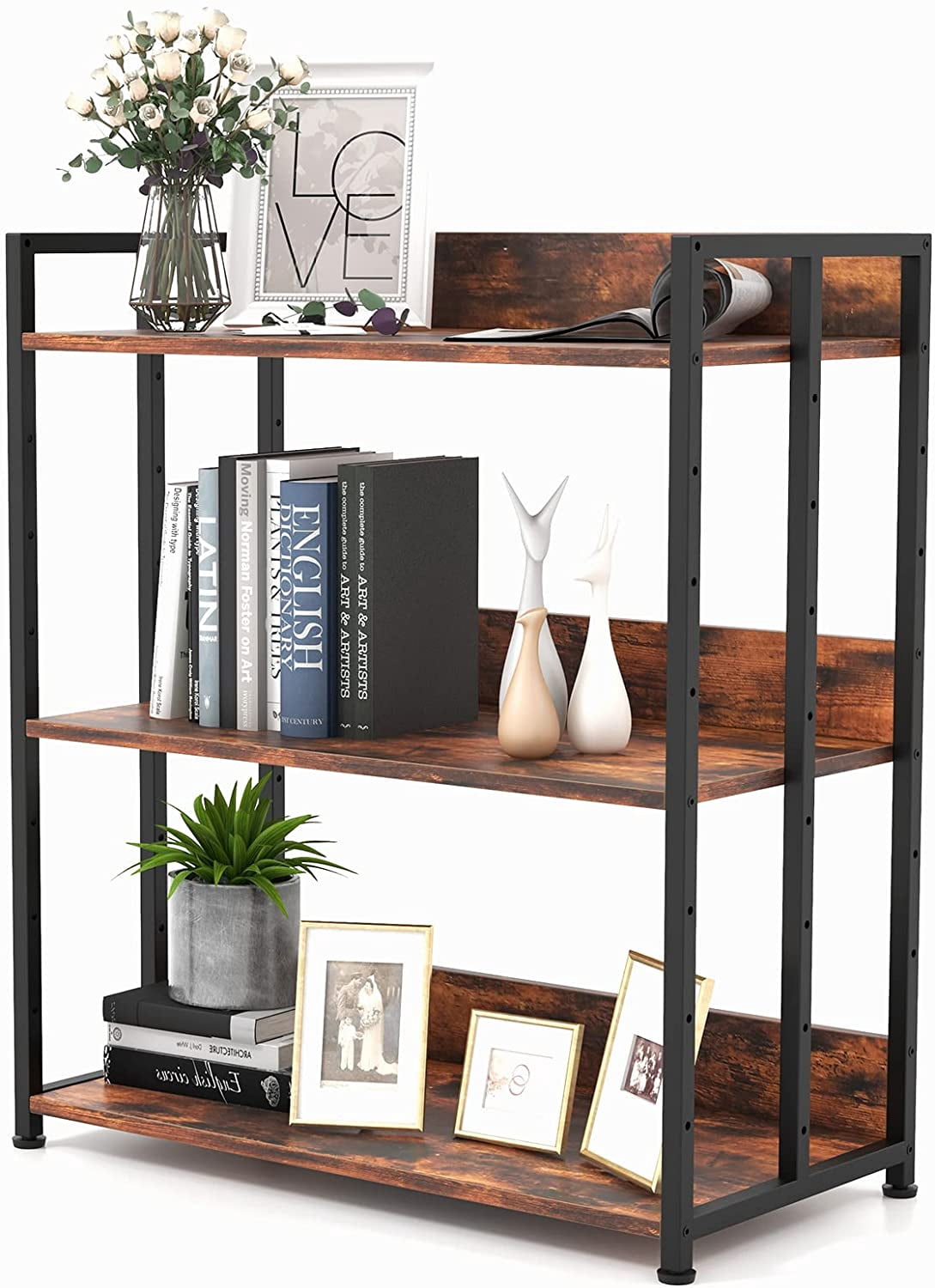 Bookshelf, 3 Tier Industrial Book Shelf w/Adjustable Shelves & Metal ...