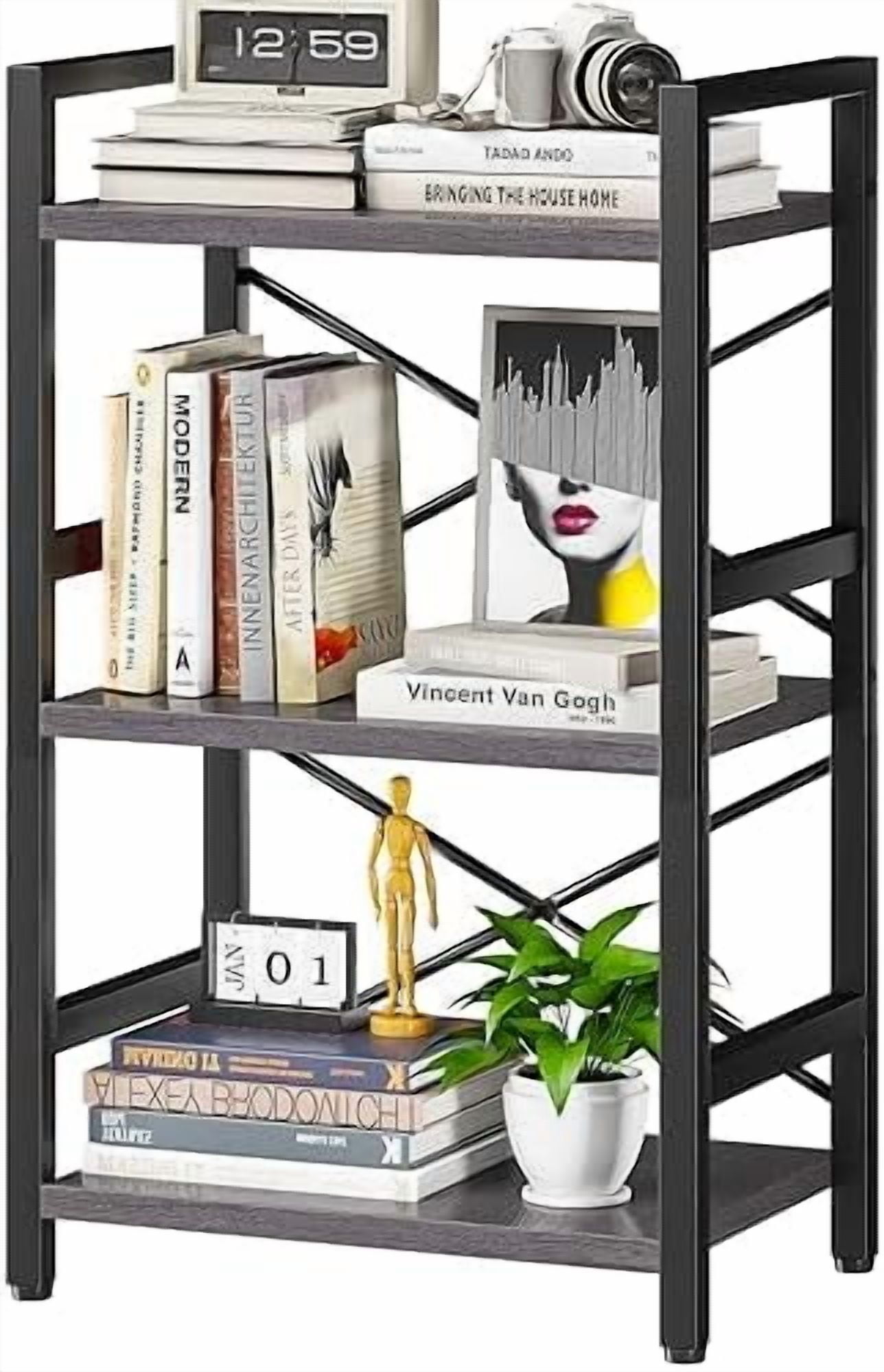 Bookshelf, 3 Tier Industrial Bookcase, Metal Small Bookcase, Rustic ...