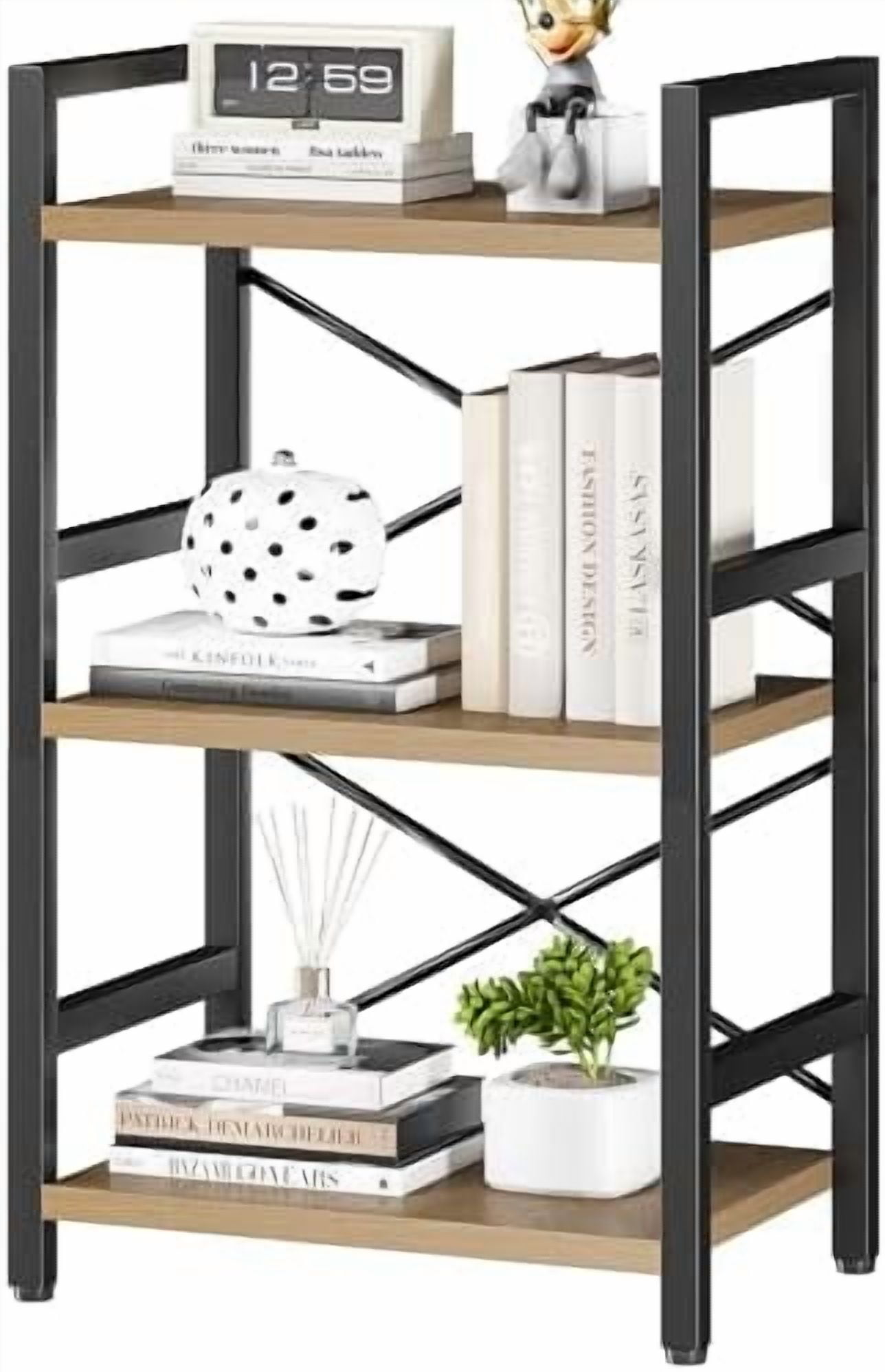 Bookshelf, 3 Tier Industrial Bookcase, Metal Small Bookcase, Rustic ...