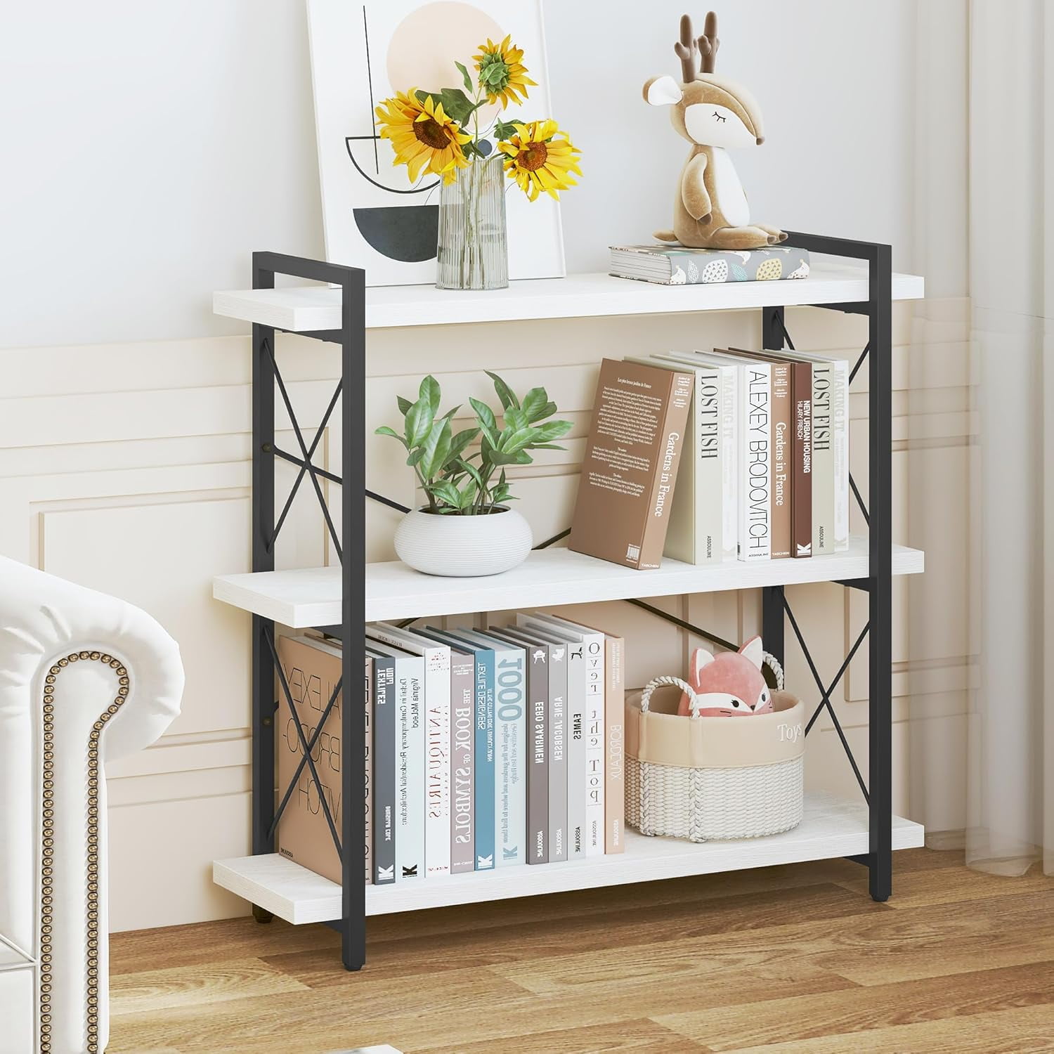 Bookshelf, 3-Tier Industrial Bookcase, Open Book Shelf, Freestanding Horizontal Bookshelves with ...